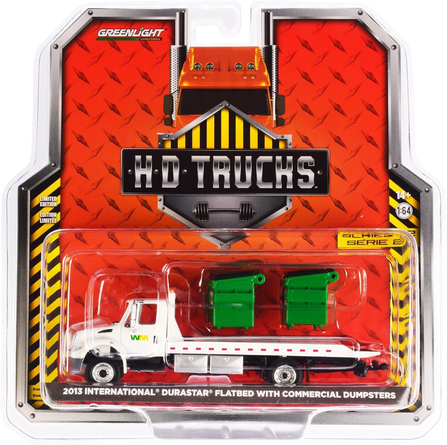 Greenlight 33220-B H.D. Trucks Series 22-2013 International Durastar Flatbed - Waste Management with Commercial Dumpsters 1:64 Scale Diecast