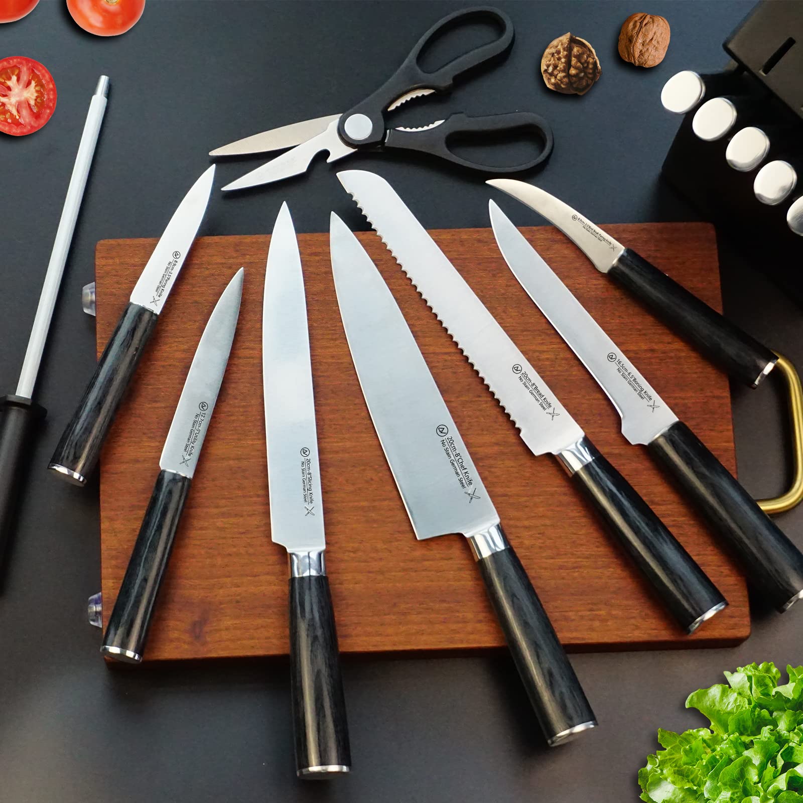 Knife Set, 18 Pcs Kitchen Knives Set with Block, Sharp German Stainless Steel Knife Block Set, Professional Chef Knives Set for Kitchen with Serrated Steak Knives Set, Sharpener & Finger Guard, Black