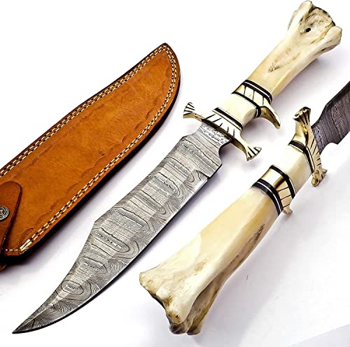 Hadi Enterprises-15" Handmade Damascus Hunting Knife with Leather Sheath - Ideal for Skinning, Camping, Outdoor -Fixed Blade Bushcraft Knife with Bone Handle-(BN-001)