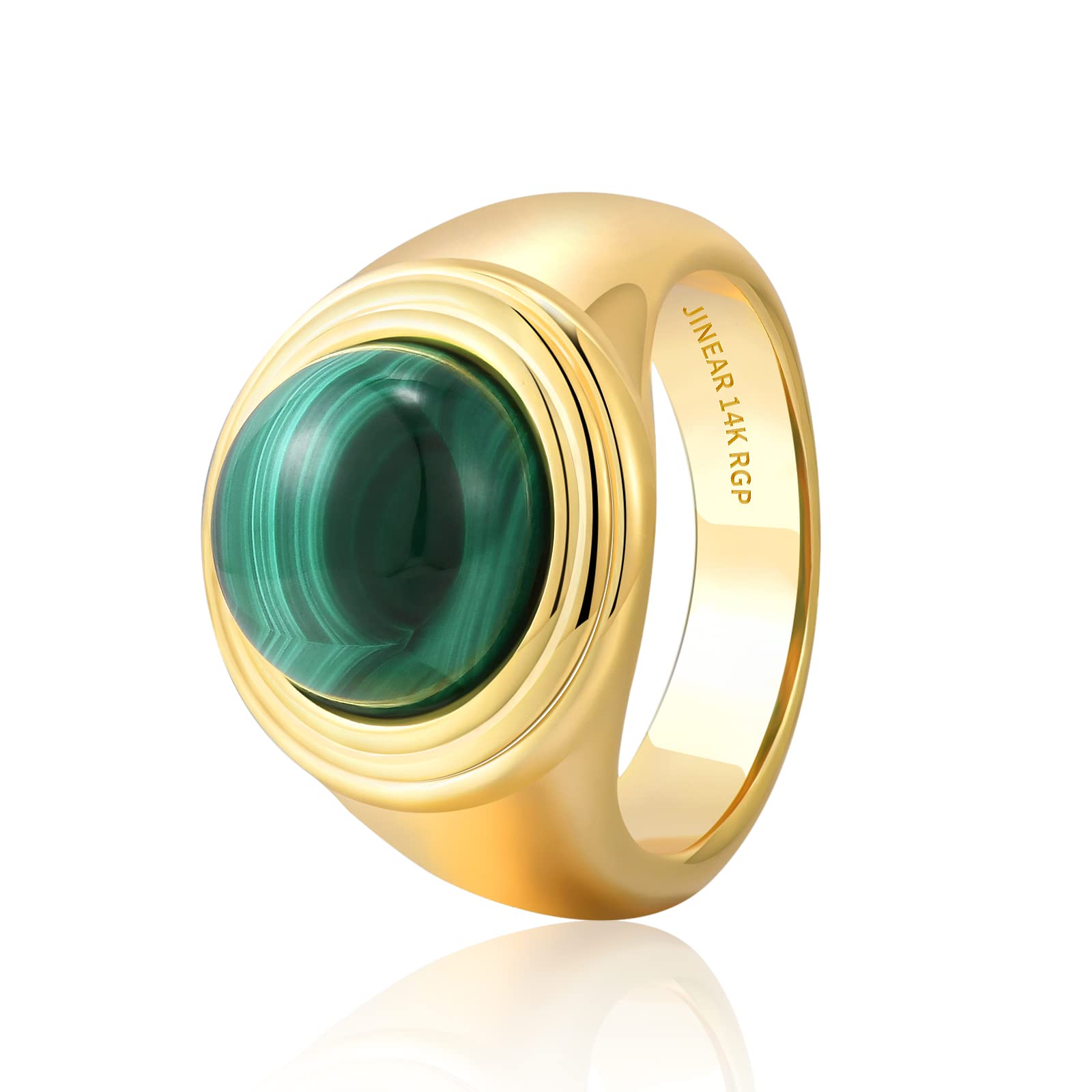 JINEAR 14K Gold Plated Round Malachite Band Ring for Women and Men Green Gemstone Stackable Bulky Thumb Statement Ring