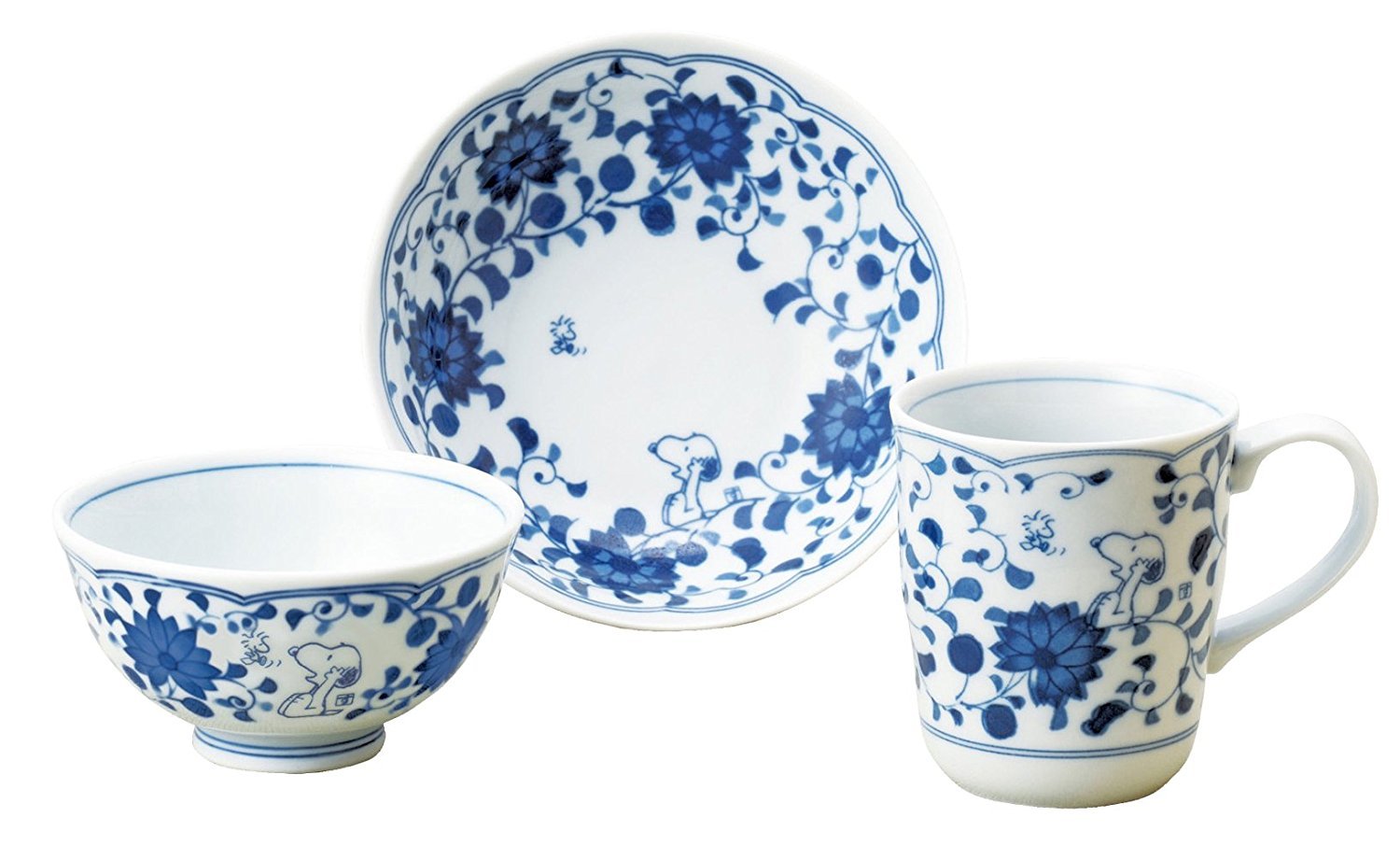 Kanesho Pottery Peanuts Snoopy Mug Cup,Rice Bowl,Plate Set Arabesque Pattern 630741 from Japan