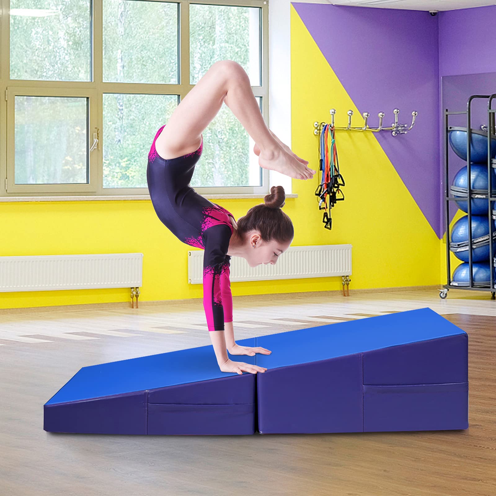 GYMAX Incline Gymnastic Mat, Folding and Non-Folding 60βx30βx14β Tumbling Cheese Wedge Mat for Gymnastic, Martial, Cheerleading, Dance Yoga Stretch Training Practice, Kids Girls Adult (Blue)