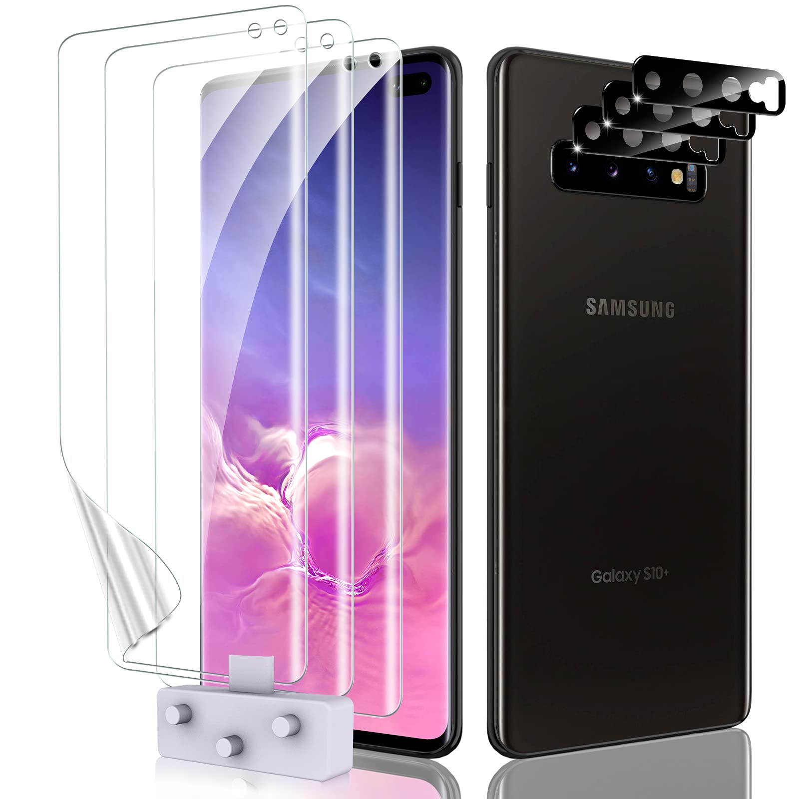 HATOSHI 3 Pack Screen Protector for Samsung Galaxy S10 Plus with 3 Pack Camera Lens Protector, Easy Installation HD Clear Flexible TPU Full Protective Screen for Samsung S10+ 6.4-inch [Work with Case]