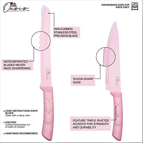 Kitchen Knife Set, OasisUSA Stainless Steel Sharp Knife Sets With ABS Stand, non-fading Pink Color Flower patterned Stainless Steel Blade with Triple-Riveted Handles. Gift for Women and Girls