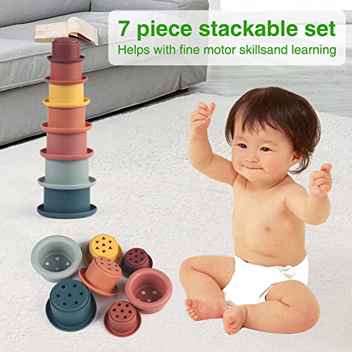 J QUATTUOR Stacking Cups Bath Toy for Babies, Toddlers,7PCS, Stackable Nesting Cups Toy for Kids, Early Educational Montessori Toy Gift for Boys Girls, 6+ Months