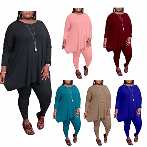 Huasemy Plus Size 2 Piece Outfits for Women, Long Sleeve Solid Tops,Bodycon Pants Casual Suit Sweatsuit Set