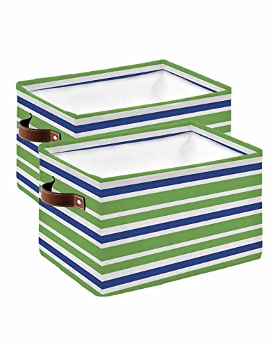 Green Blue White Color Stripes Storage Bins with Handles, Simple Navy Color Storage Basket for Shelves, Cube Storage Organizer Bins for Toys, Closet (2 Pack, 15" x 11" x 9.5")