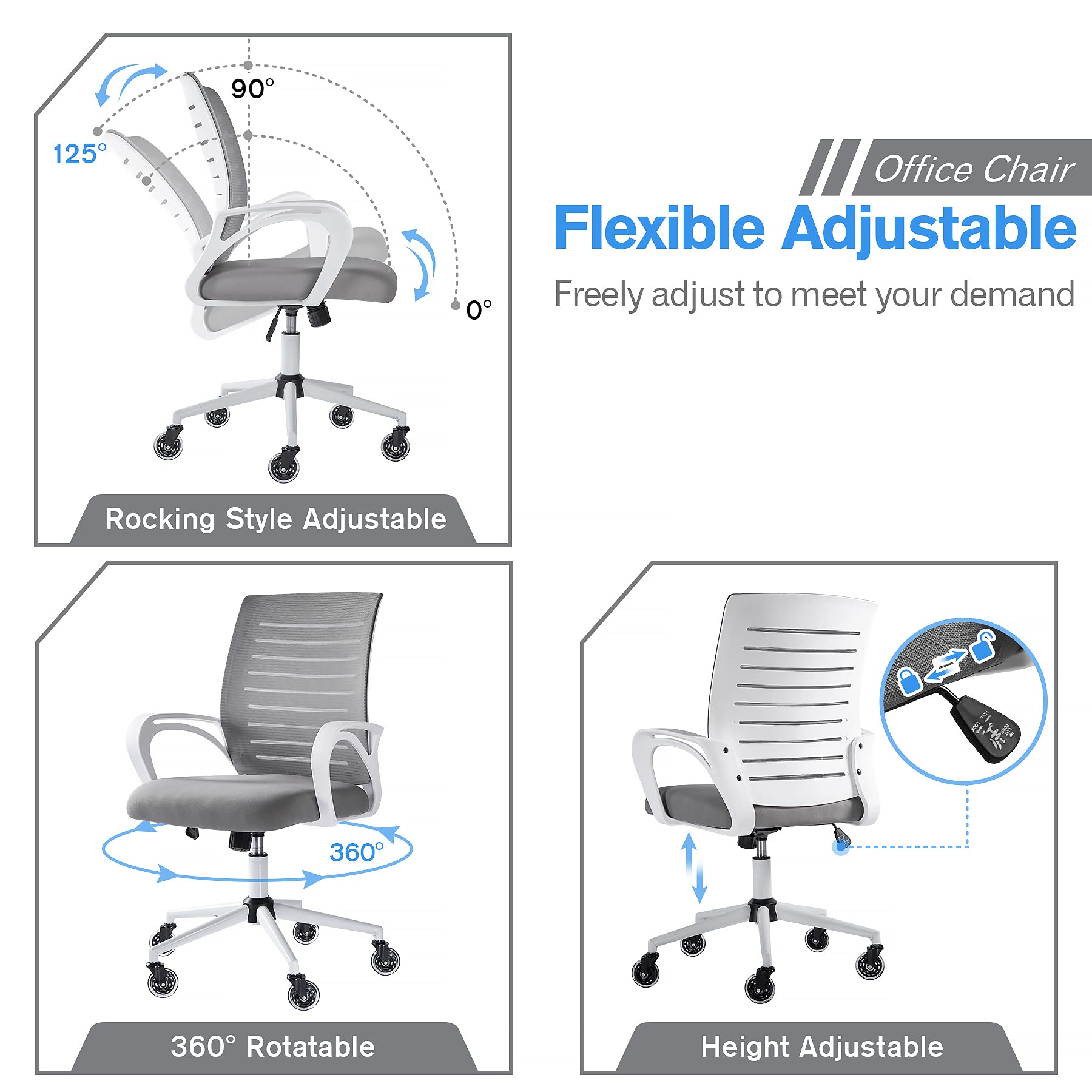 Home Office Chair, Ergonomic Computer Desk Chair with Upgraded Crystal Clear Rubber Casters Adjustable Swivel Rolling Mesh Mid Back Task Chair with Lumbar Support Armrests for Women Men Adult