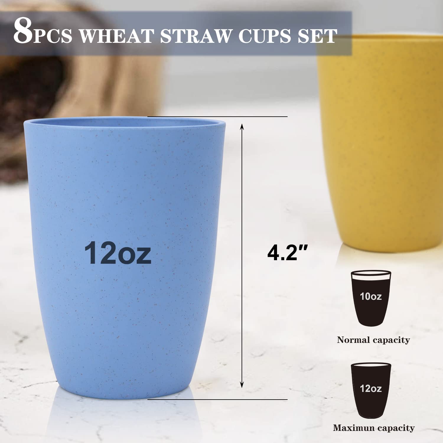 Homienly Wheat Straw Cups 8 PCS Plastic Cups Unbreakable Drinking Cup Reusable Dishwasher Safe Water Glasses with 4 Colors (12 OZ)