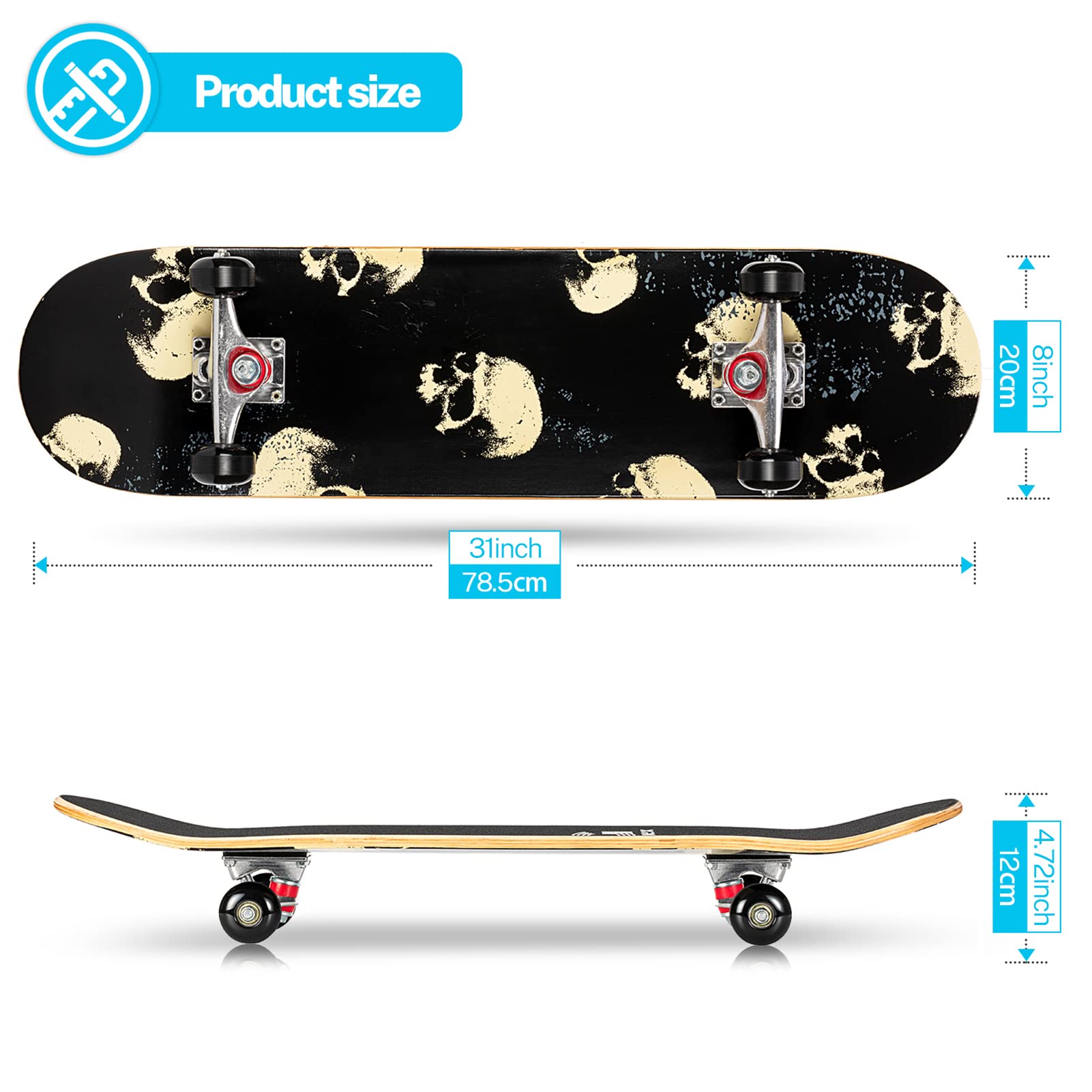 Gonex Standard Skateboard for Kids Teens Beginners, 31 x 8 Inch Double Kick Concave Complete Skate Board for Boys Girls Adults with 9 Layer Maple Deck, Skull