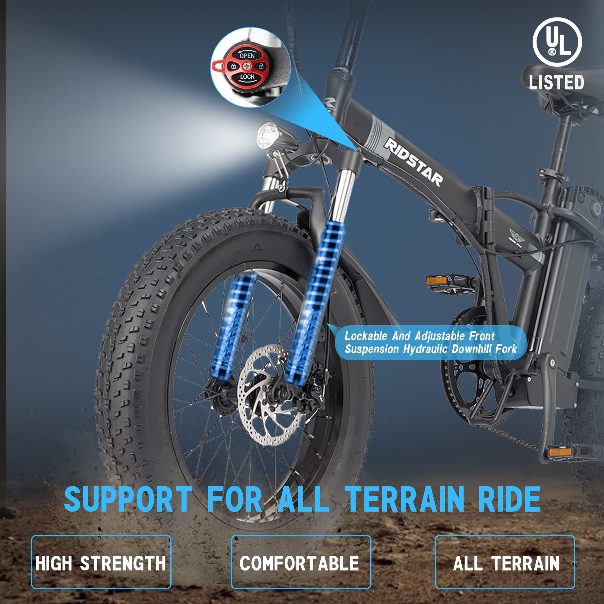 JSILAKOI Folding Electric Bike for Adults with 1000W Brushless Motor 48V 14AH Removable Lithium Battery 28MPH Shimano 7-Speed Foldable Ebike 20" x 4 Fat Tire Lockable Front Fork Suspension