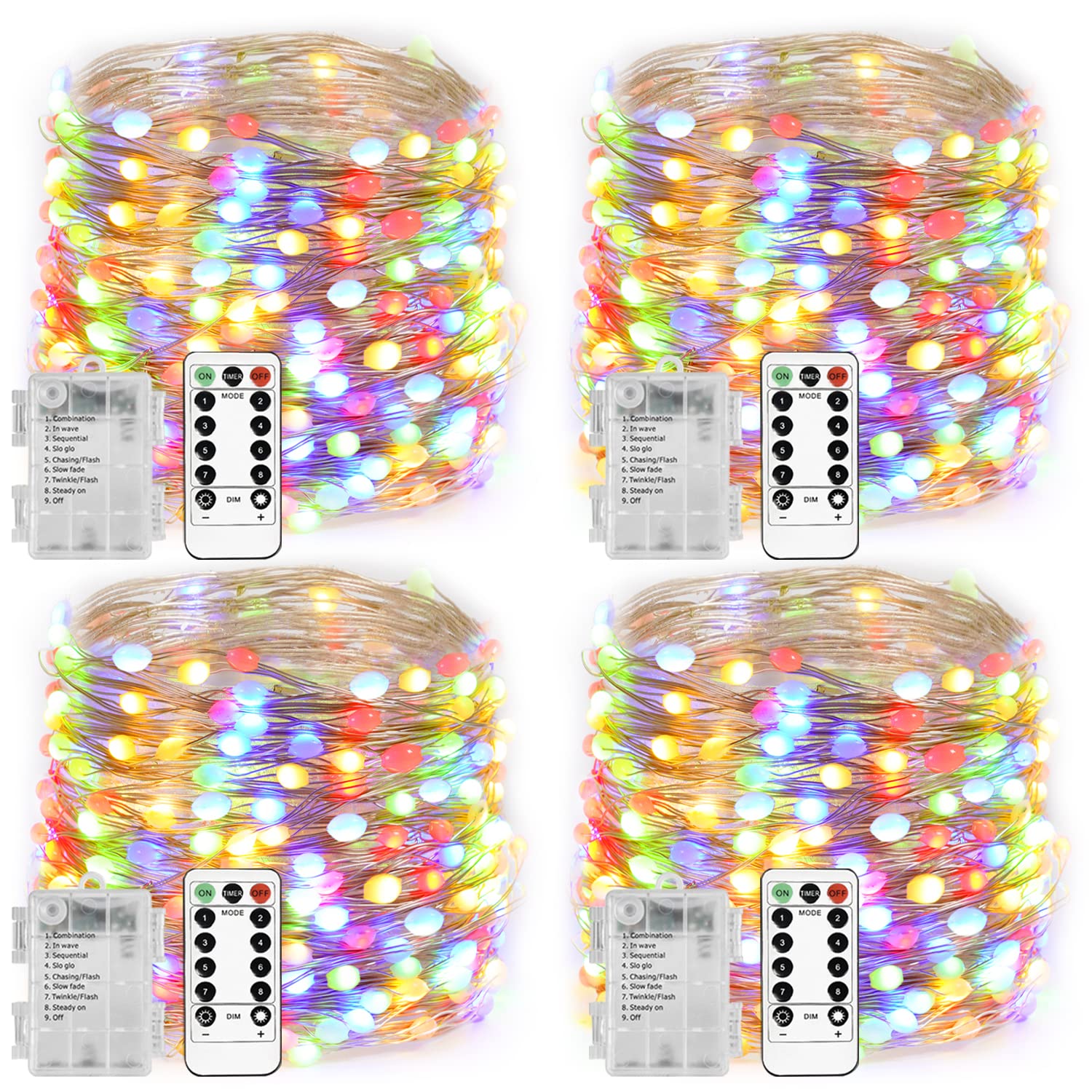 Homemory 4 Pack 20 Ft 60 LED Multicolor Fairy Lights Battery Operated Christmas Lights with Remote, Waterproof 8 Modes Firefly Twinkle String Lights for Party Bedroom Wedding Decorations