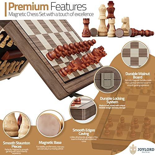 Joylord Wooden Chess and Checkers Game Set - 15" Magnetic Checkers and Chess Set - Felt Bottom, Inlaid Wood, Handcrafted Pieces, Veneer Inlay - Folding Chessboard, 2 Extra Queens
