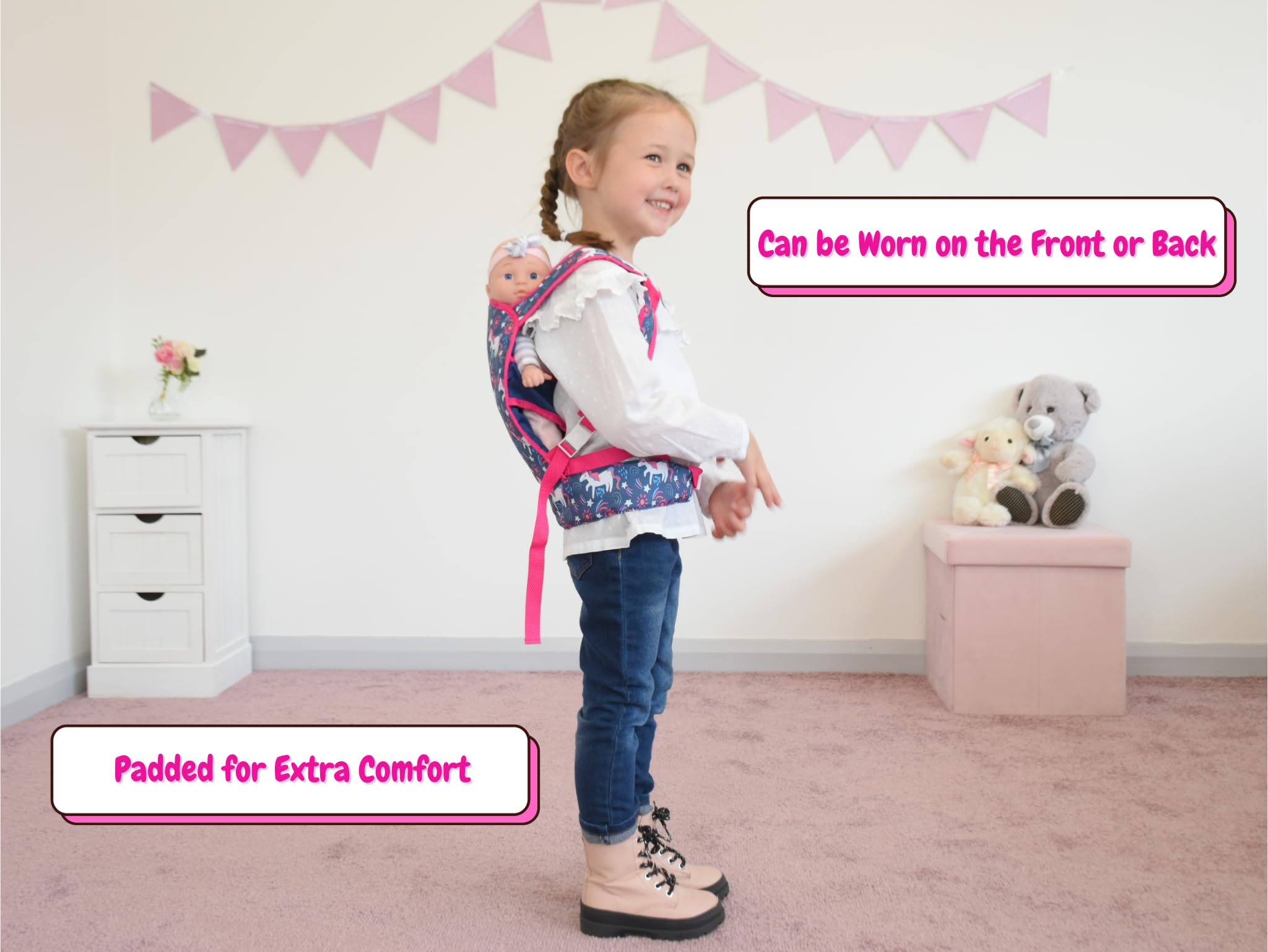 KOOKAMUNGA KIDS Baby Doll Carrier - Adjustable Straps to Fit All w/Comfort Padding - Works as a Front Doll Carrier or Doll Backpack Carrier - Soft Headrest - Ideal for Dolls Up to 18” - Navy Unicorn