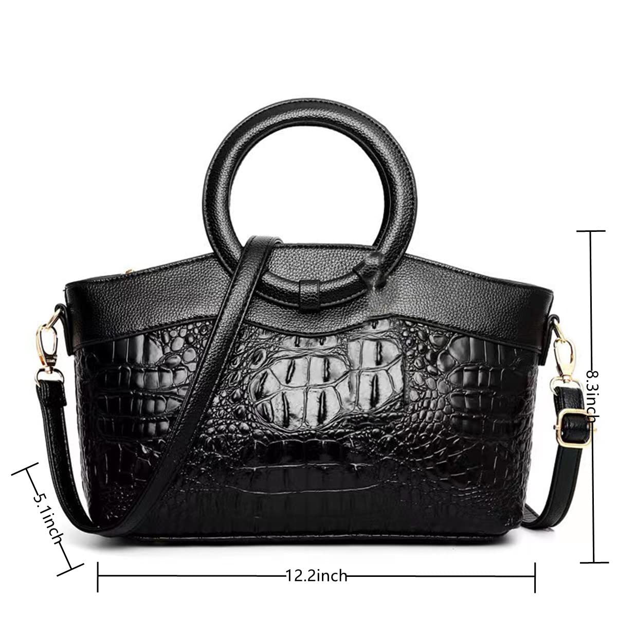 IAMUHI Womens Crocodile Satchel Handbag Vegan Leather Top Handle Tote Shoulder Cross Body Bag Purse,Black