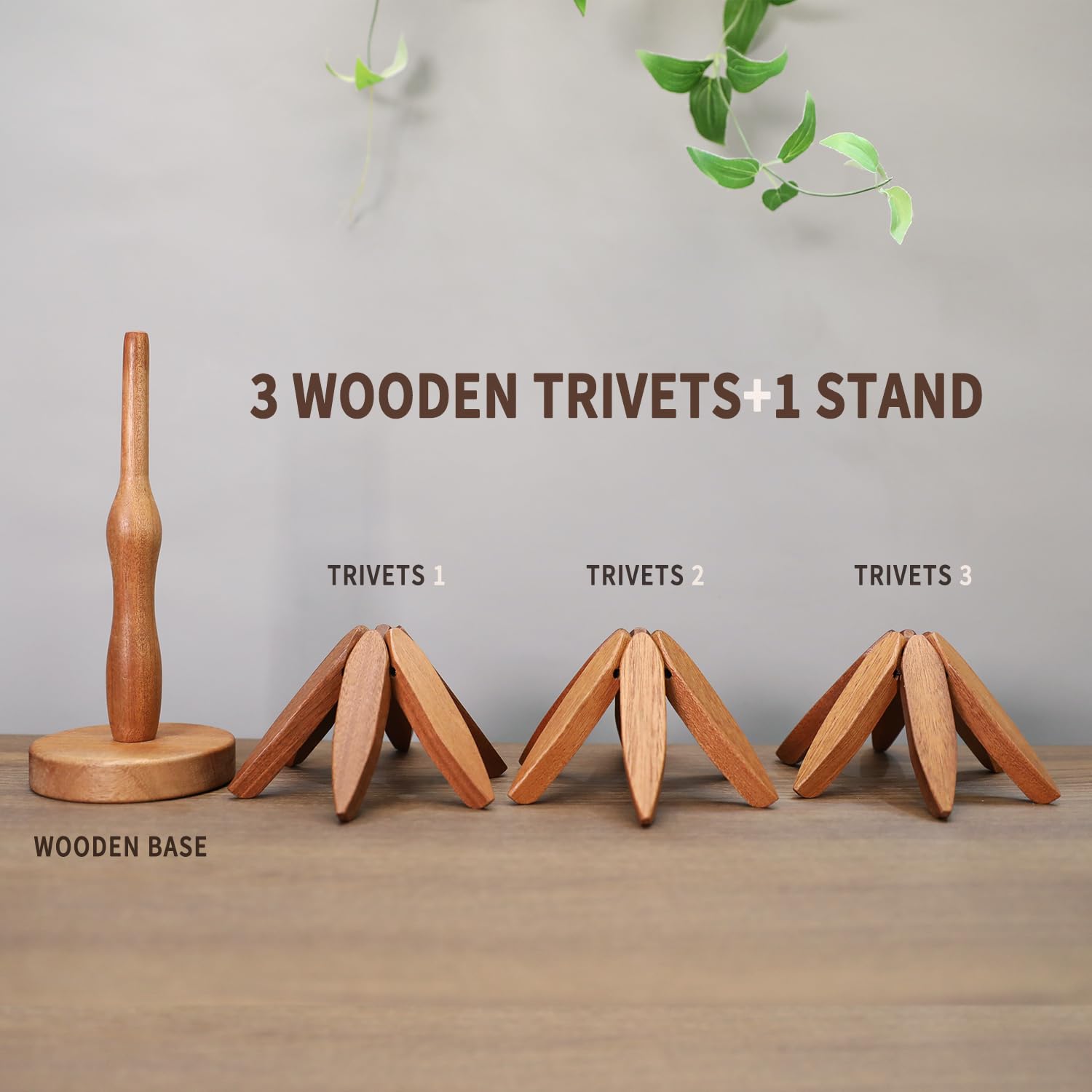 𝗡𝗘𝗪 Set of 3 Kitchen Table Decor Foldable Wooden Trivets for Hot Pots and Pans,Tree Shape Trivets, (Sapele Wood Trivets)