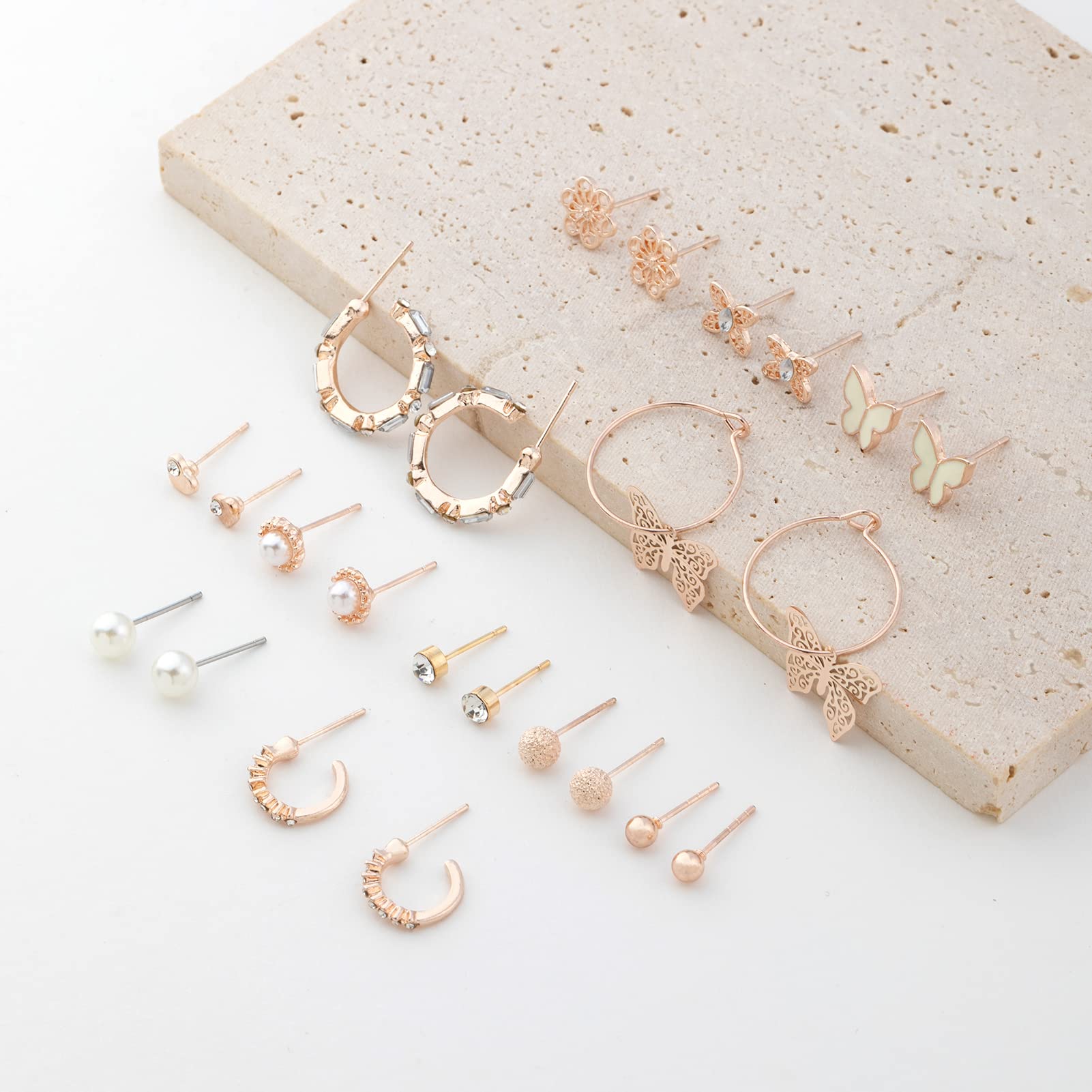 KaHowde Multiple Stud Earrings Set - Cute Earrings Set Mixed Small Stud Hoop Earrings Gift for Women Girls (12PAIRS WHITE EARRINGS SET)