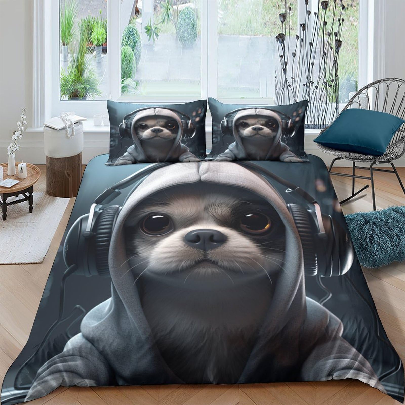 NACHO YAFA Cute DJ Dog Quilt Cover Bedding Set 3D Printed Duvet Cover Comforter Covers with Pillowcases 3 Pieces for Childrens and Adults Microfiber with Zipper Closure Full(203x228cm)