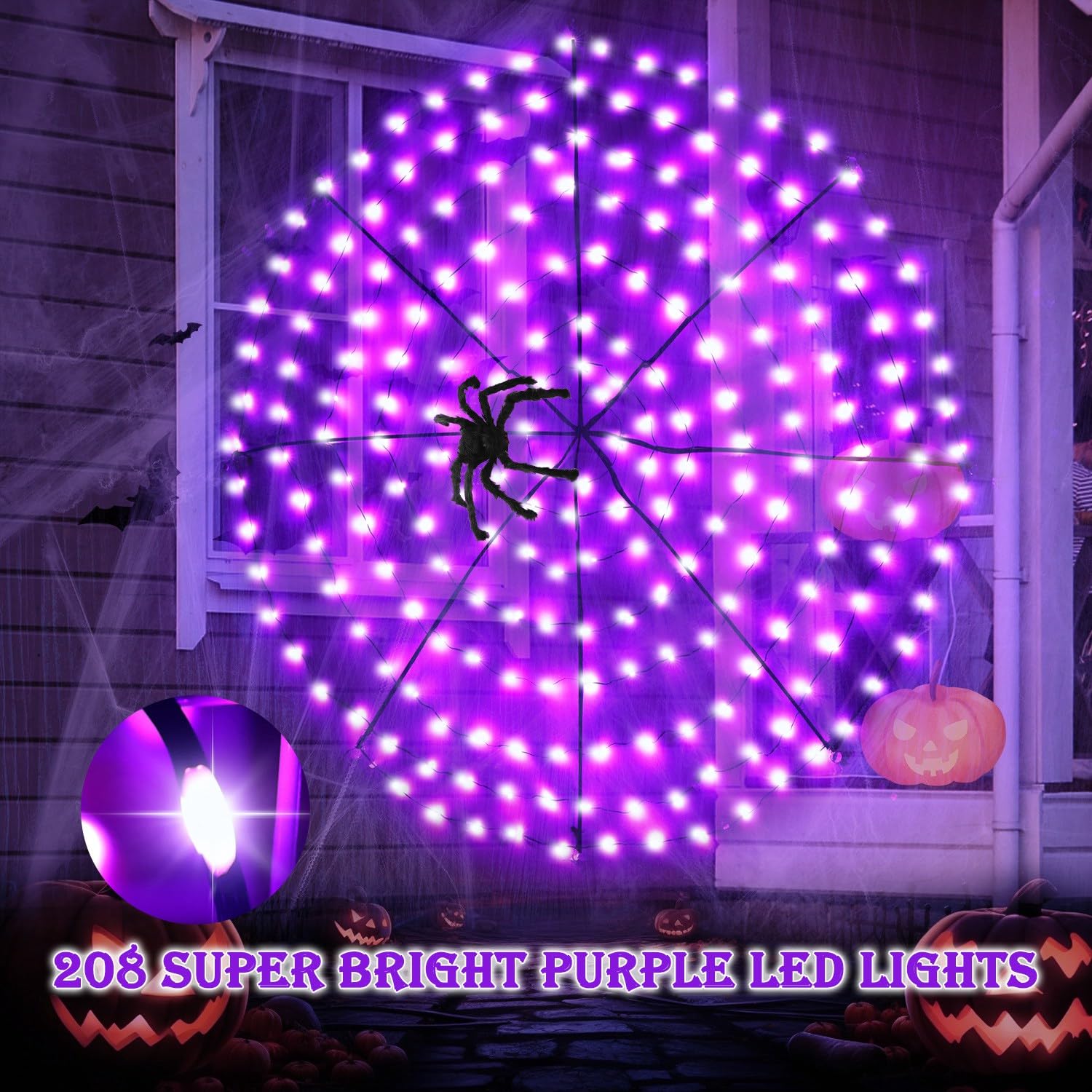 Halloween Decorations Outdoor 6.6ft Large Round Spider Web with 210 LED and Scary Black Spider,Super Bright 8 Modes Halloween Lights for Home Window Wall Garden Yard Party Decor