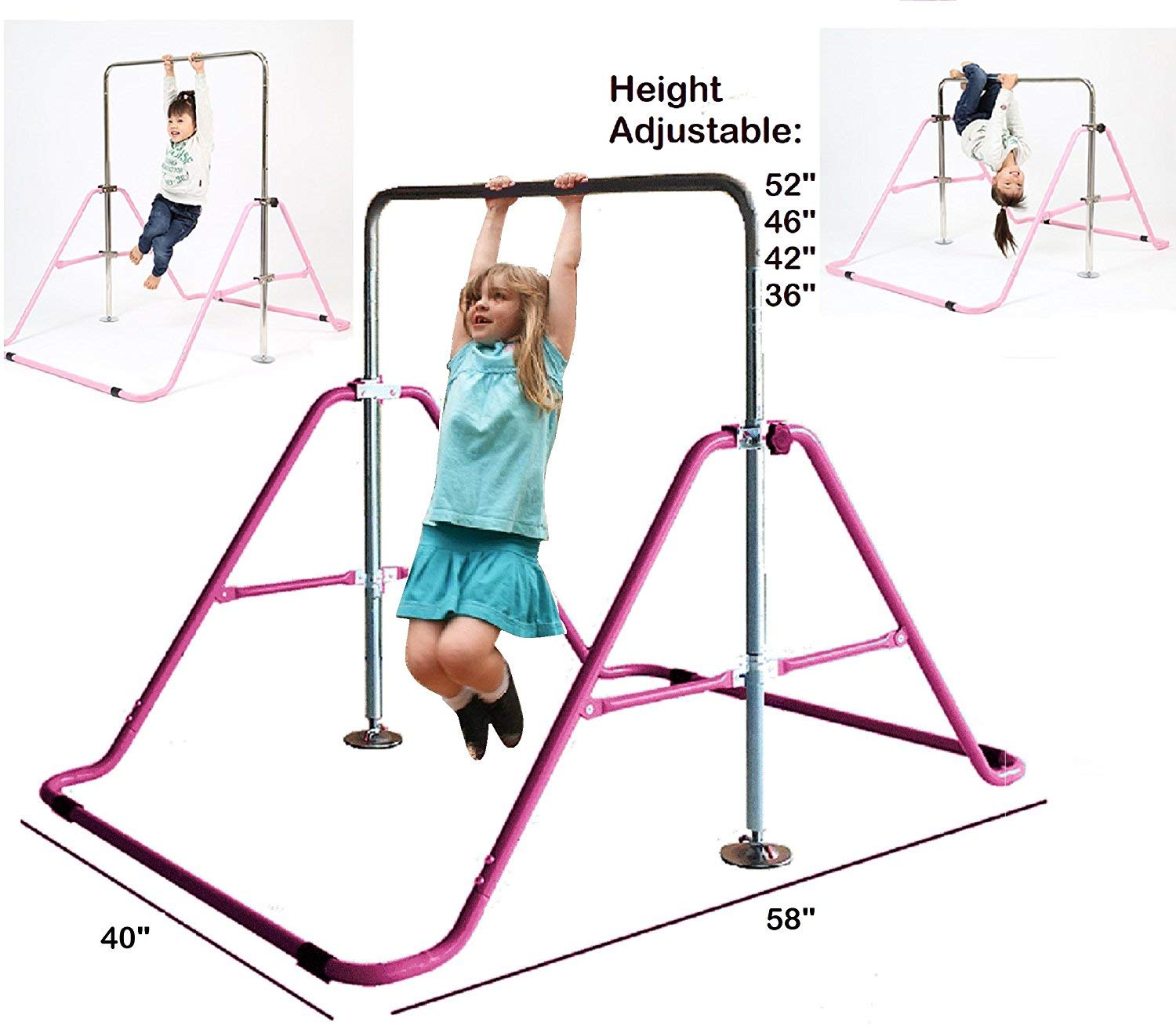 Gymnastics Bar for Kids Horizontal Kip Bar Jungle Gym with 8'x'4 EVA Puzzle Mat, Junior Training Monkey Bars Home Gym Adjustable Height Expandable Junior Training Bar Indoor Foldable (Pink)