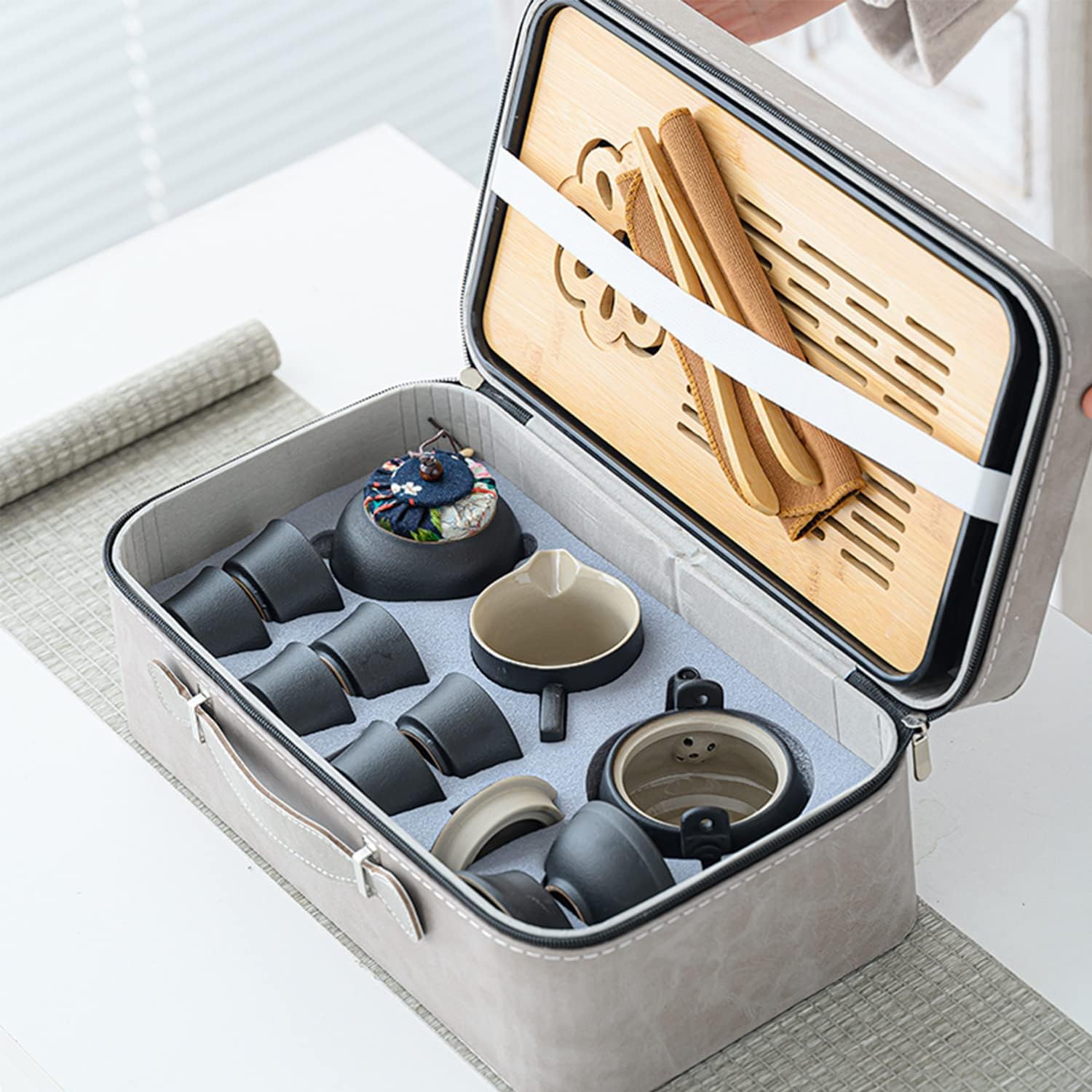 ICHAG Asian tea set |Kungfu tea sets |Ceramic Portable tea set |tea sets for adult |13-piece withgrey leather case |Tea set gift for Home, Outdoor, Business (Ceramic-Black teaset)