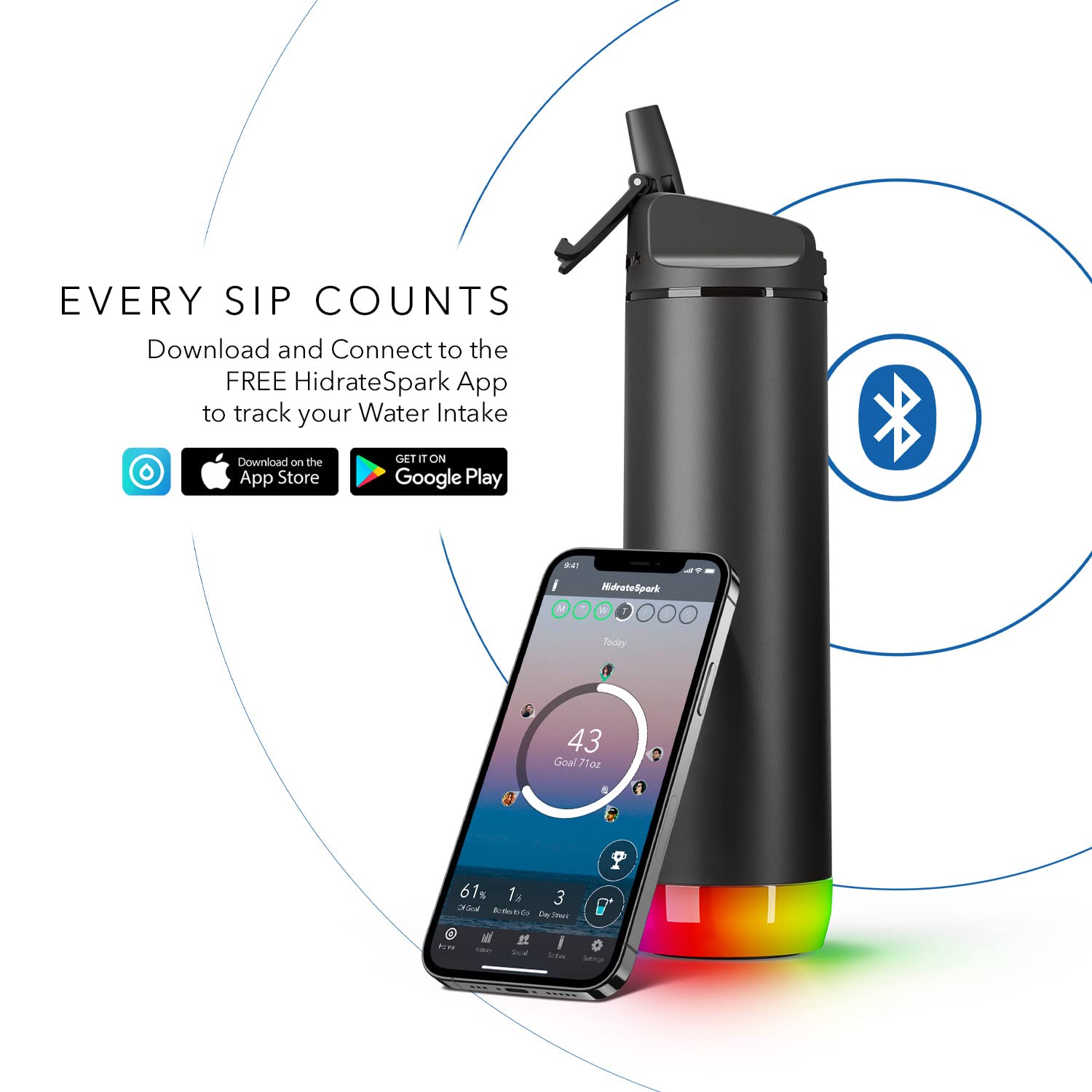 Hidrate Spark PRO Smart Water Bottle β Tracks Water Intake with Bluetooth, LED Glow Reminder When You Need to Drink β Straw Lid, 21oz, Black