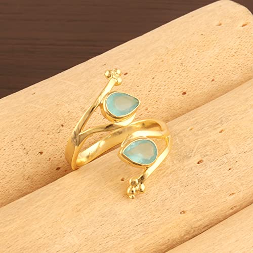 Guntaas Gems Beautiful Aqua Chalcedony Pear Shape Gold Plated Handmade Adjustable Ring For Gift Jewelry
