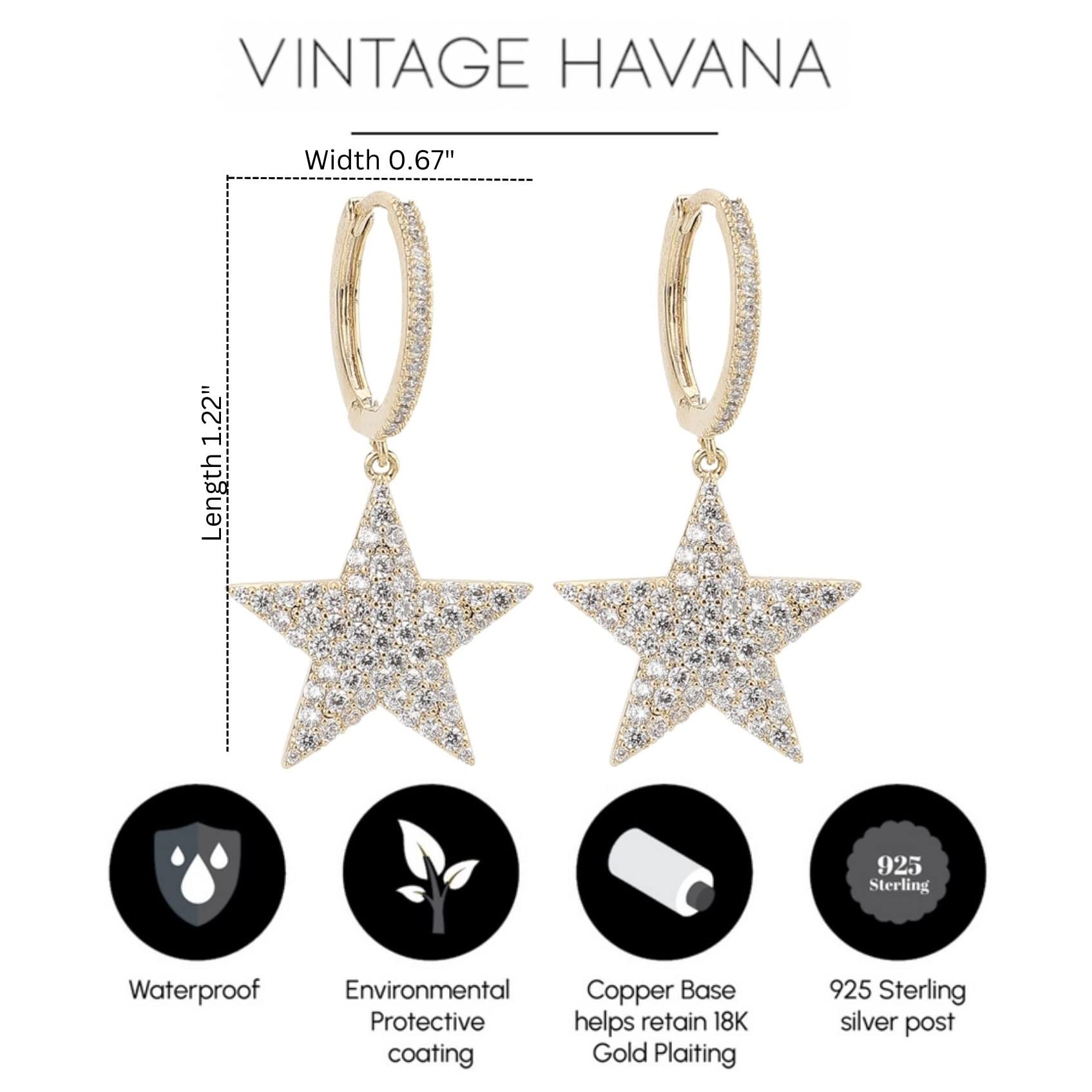 Huggie Earrings For Women By Vintage Havana Featuring Dangling Pave (CZ) Stars Drop/Dangle Star Earrings 18K Gold Plated Made With Sterling Silver Post