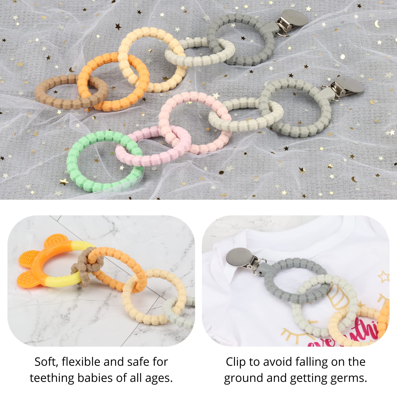 Kalovin Teether Rings, Silicone Sensory Teething Ring, Baby Teether Links Clip on Teether, Food Grade Silicone, BPA & Phthalate