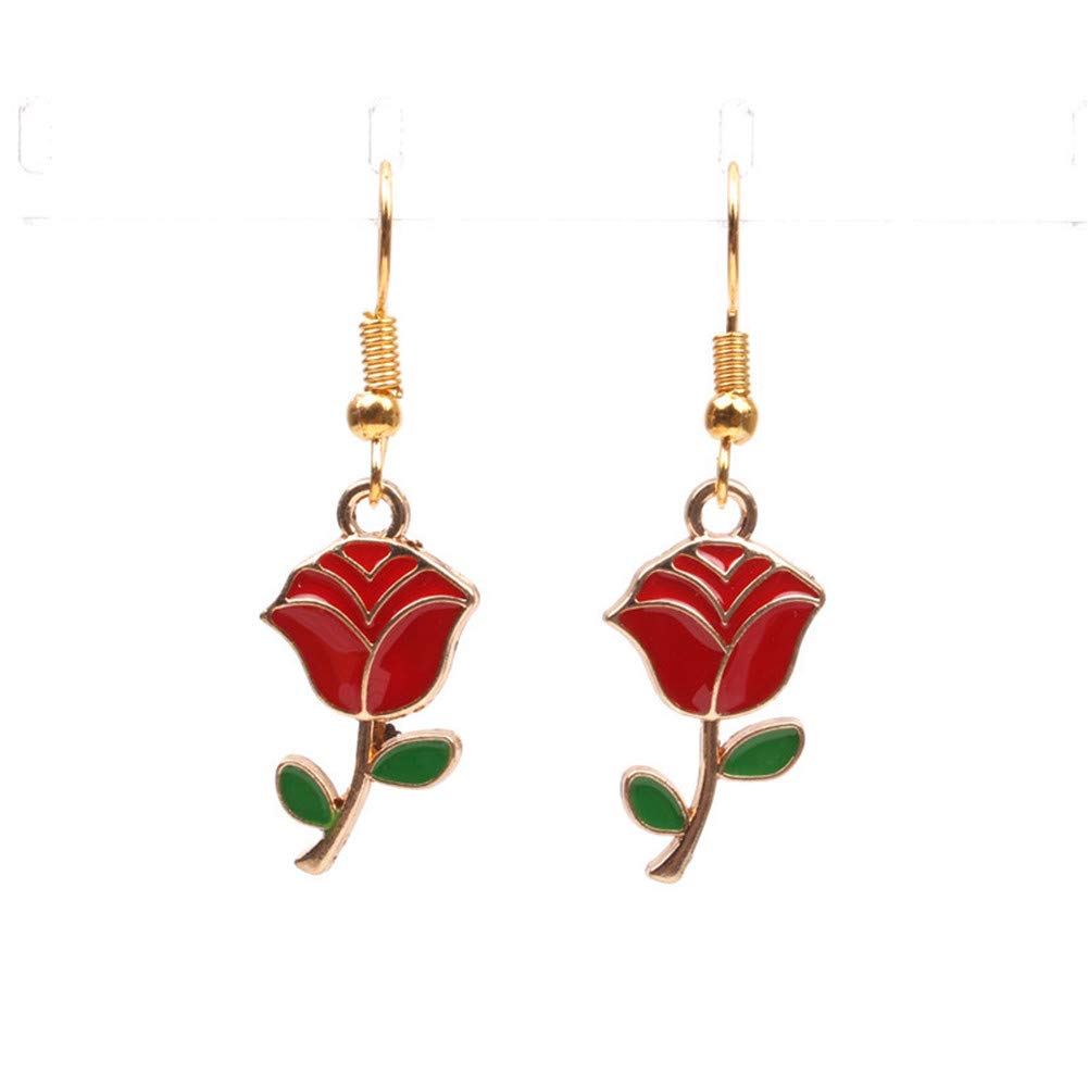 Gold Plated 14K Beauty and the beast Green Leaf Red Rose Flower Charm Tassel Dangle Earrings