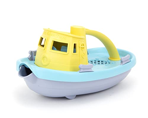 Green Toys Tugboat, Grey/Yellow/Turquoise Assorted - Pretend Play, Motor Skills, Kids Bath Toy Floating Pouring Vehicle. No BPA, phthalates, PVC. Dishwasher Safe, Recycled Plastic, Made in USA.