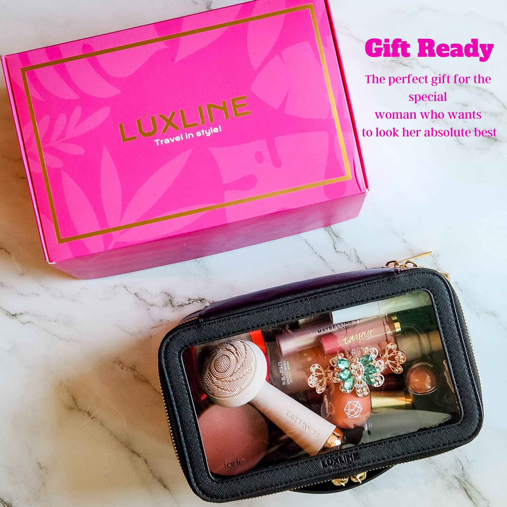 LUXLINE Clear Makeup Bag | TSA Approved Travel Toiletry Bag and Cosmetic Bag | Waterproof and Durable Makeup Case with Two Compartments, Black, KS-CB-20121001