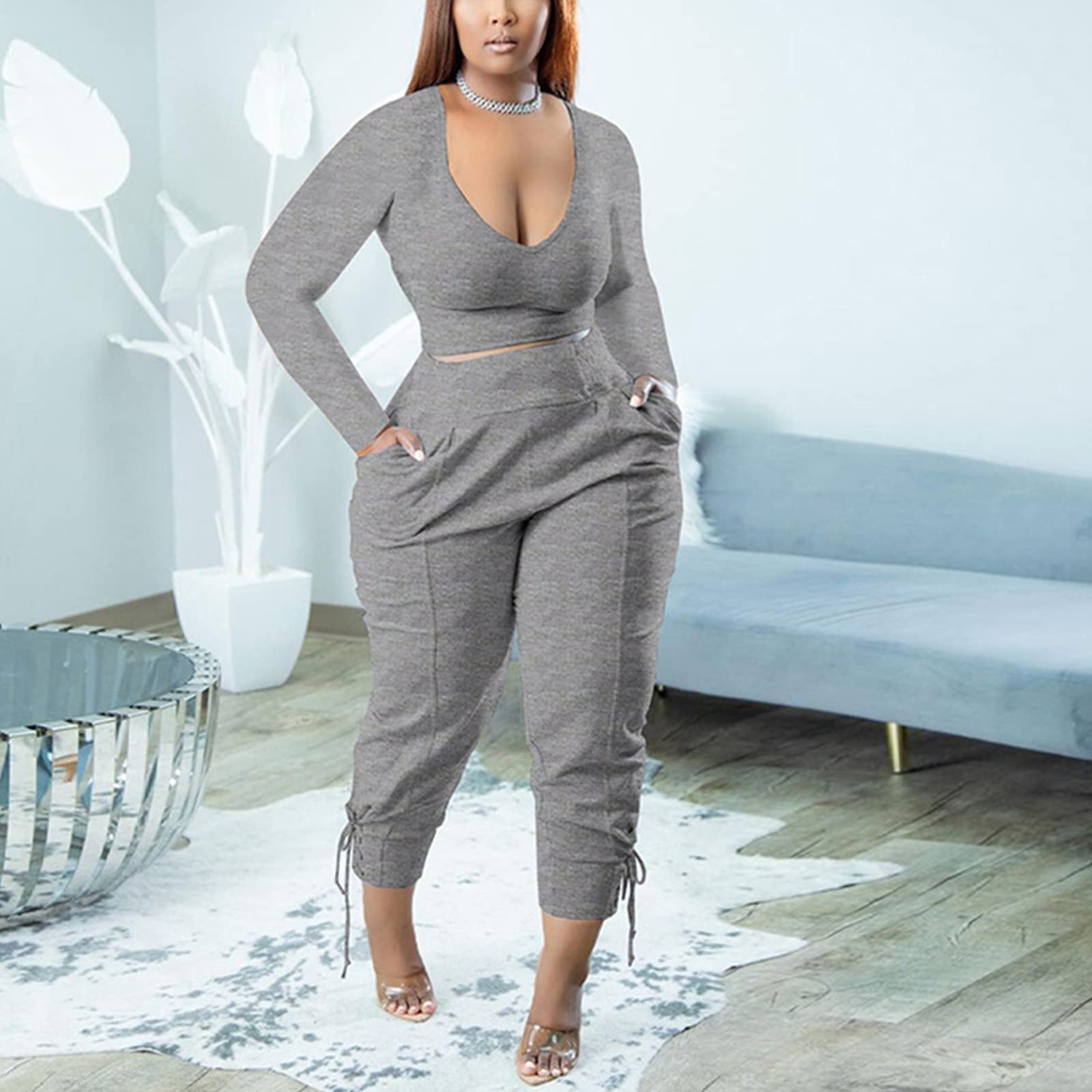 IyMoo Women Plus Size 2 Piece Sweatsuit Outfits Long Sleeve V Neck Crop Top + High Waisted Leggings Jogger Set Gray 4X