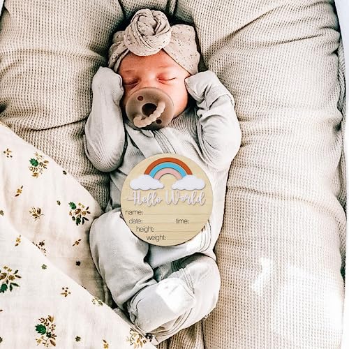 HONOCOOLS Wooden Baby Announcement Sign, Hello World Rainbow, 1 Piece, 3 Customizable Elements, 3D Dimensional, Easy to Display, Great Gift for New Parents