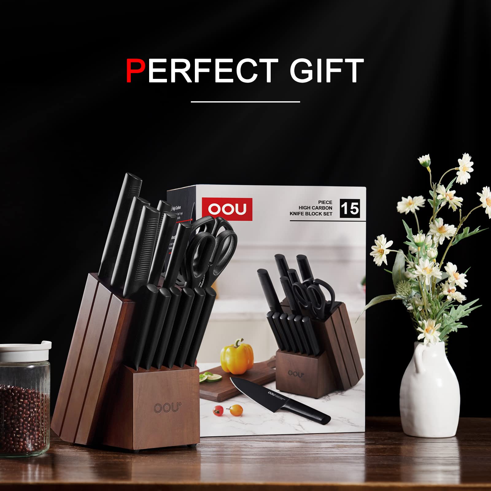OOU! Kitchen Knife Set with Block, 15 Pieces High Carbon Stainless Steel Knife Block Set, Professional Chef Knife Set with Built-in Sharpener, Ergonomic Handle
