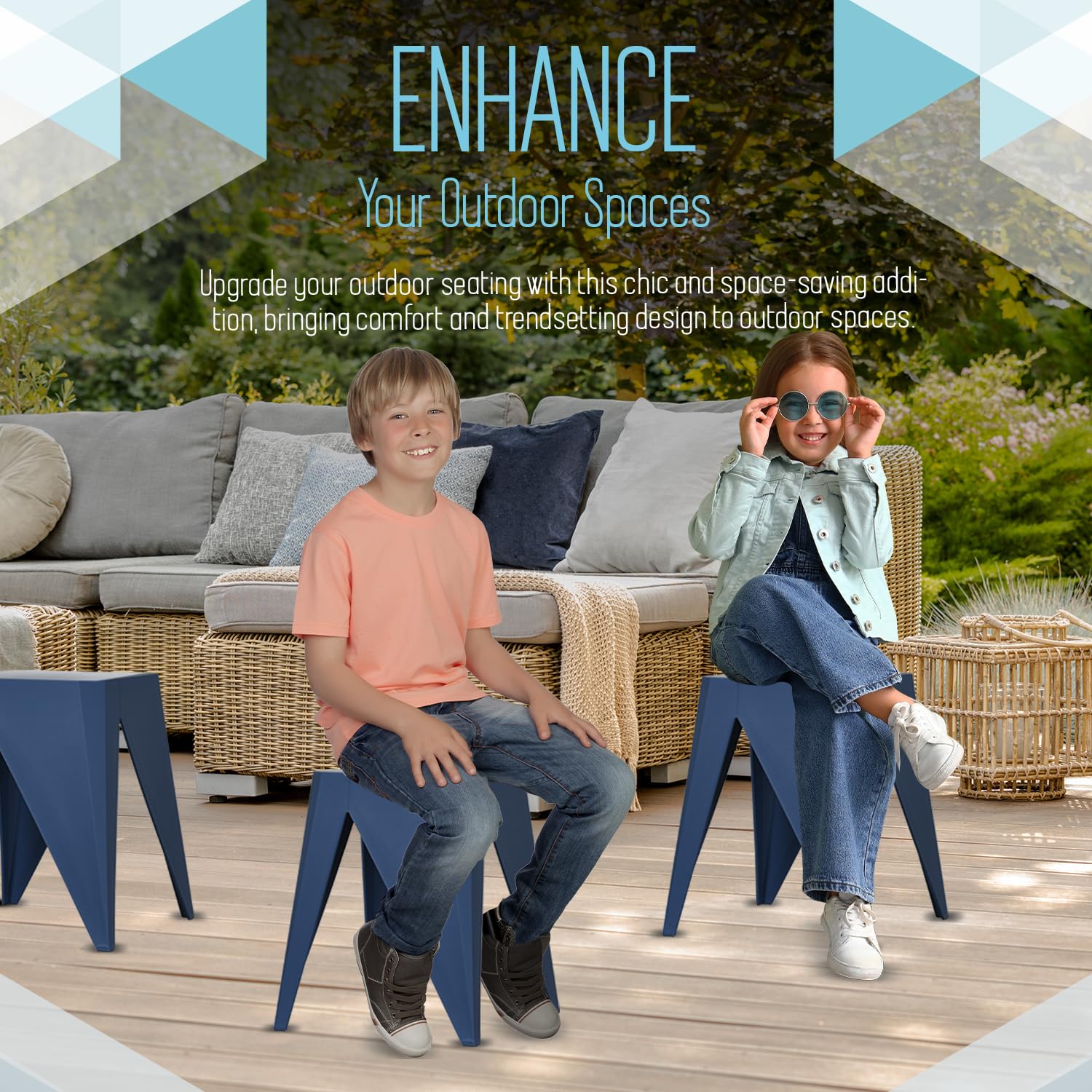 ISL Furnishings Zuho Stackable Stools, Set of 4 โ Durable Plastic Stacking Chairs โ Stack Stool Chair for Outdoor, Dining, Classroom, Kitchen, Counter, Flexible Seating, Space-Saver(Grey Blue)