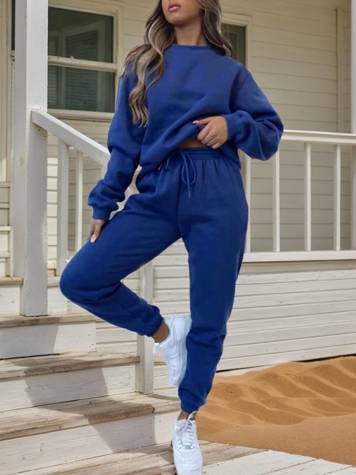 KANSOON Women Sweatsuits Sets Two Piece Outfits Long Sleeve Round Neck Top Sweatpants Tracksuits Sets Loungewear Blue M