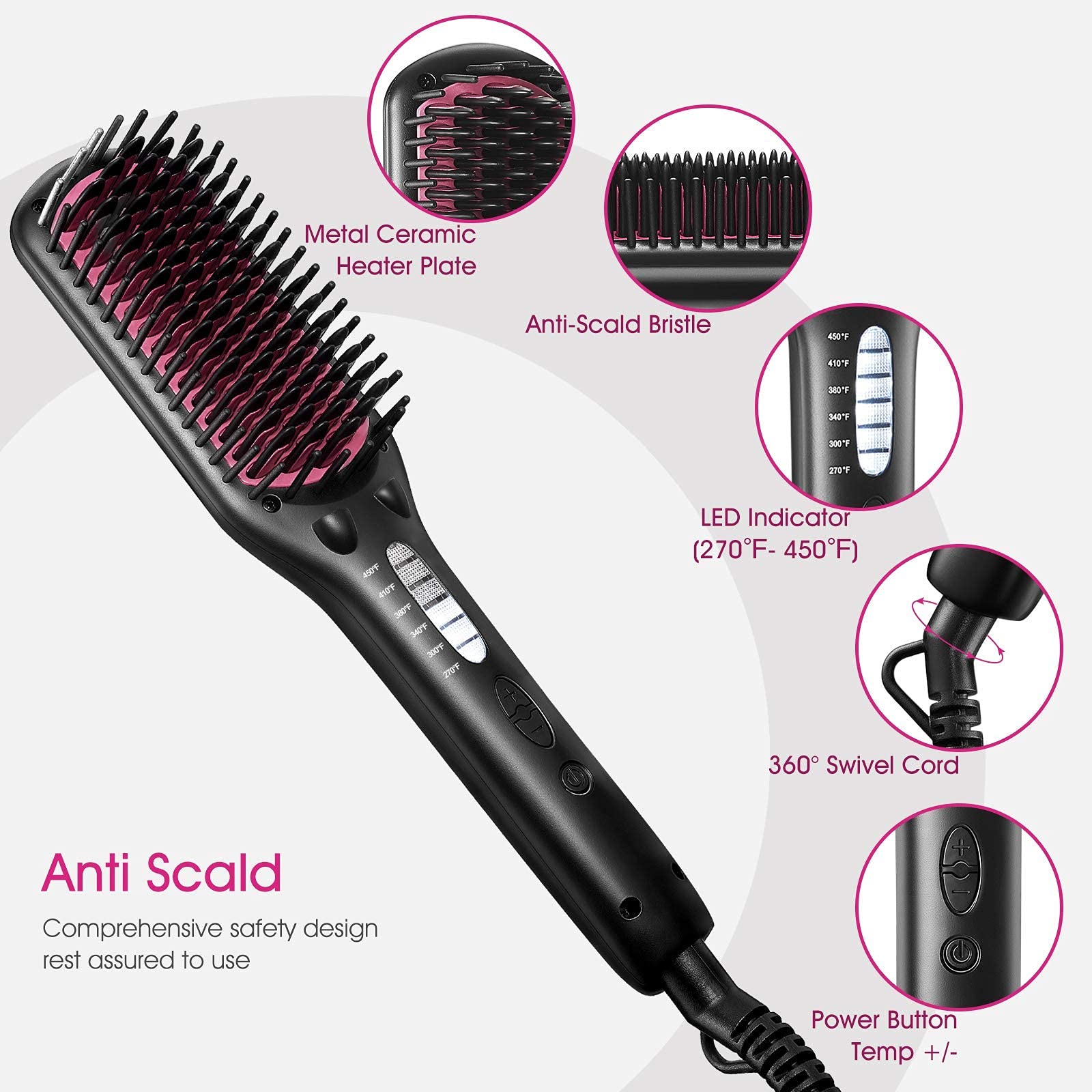 Hair Straightener Brush, MiroPure Ionic Anti-Scald Straightening Brush with Fast MCH Ceramic Heating, Adjustable Temperatures, Auto-Off & Dual Voltage, Portable Straightening Comb
