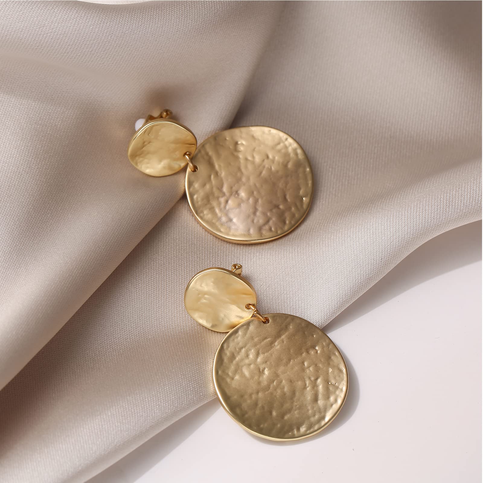 Gold Round Hammered Disc Clip on Earrings for Women Small Disc Drop Clip Earring for Non Pierced Earrings