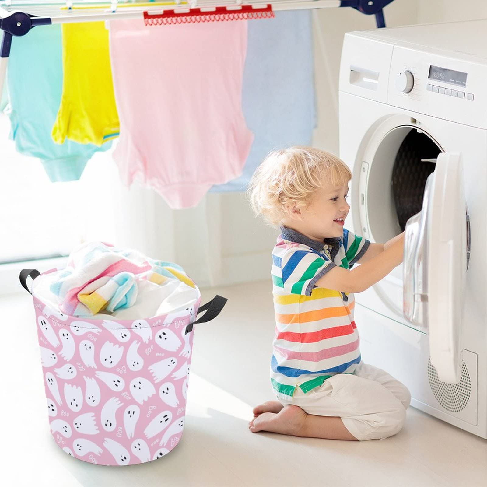 HoaMoya Collapsible Pink Cute Ghost Laundry Basket Freestanding Laundry Hamper With Handles Large Waterproof Cloth Toy Storage Bin for Household Bedroom Bathroom