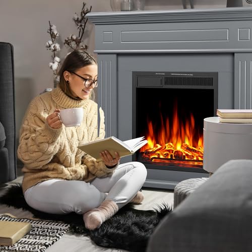 Havato 43" Electric Fireplace with Mantel, Freestanding Electric Fireplace, Wooden Surround Firebox, Remote Control, 7 Level Adjustable Led 3D Frame, 750W/1500W Grey