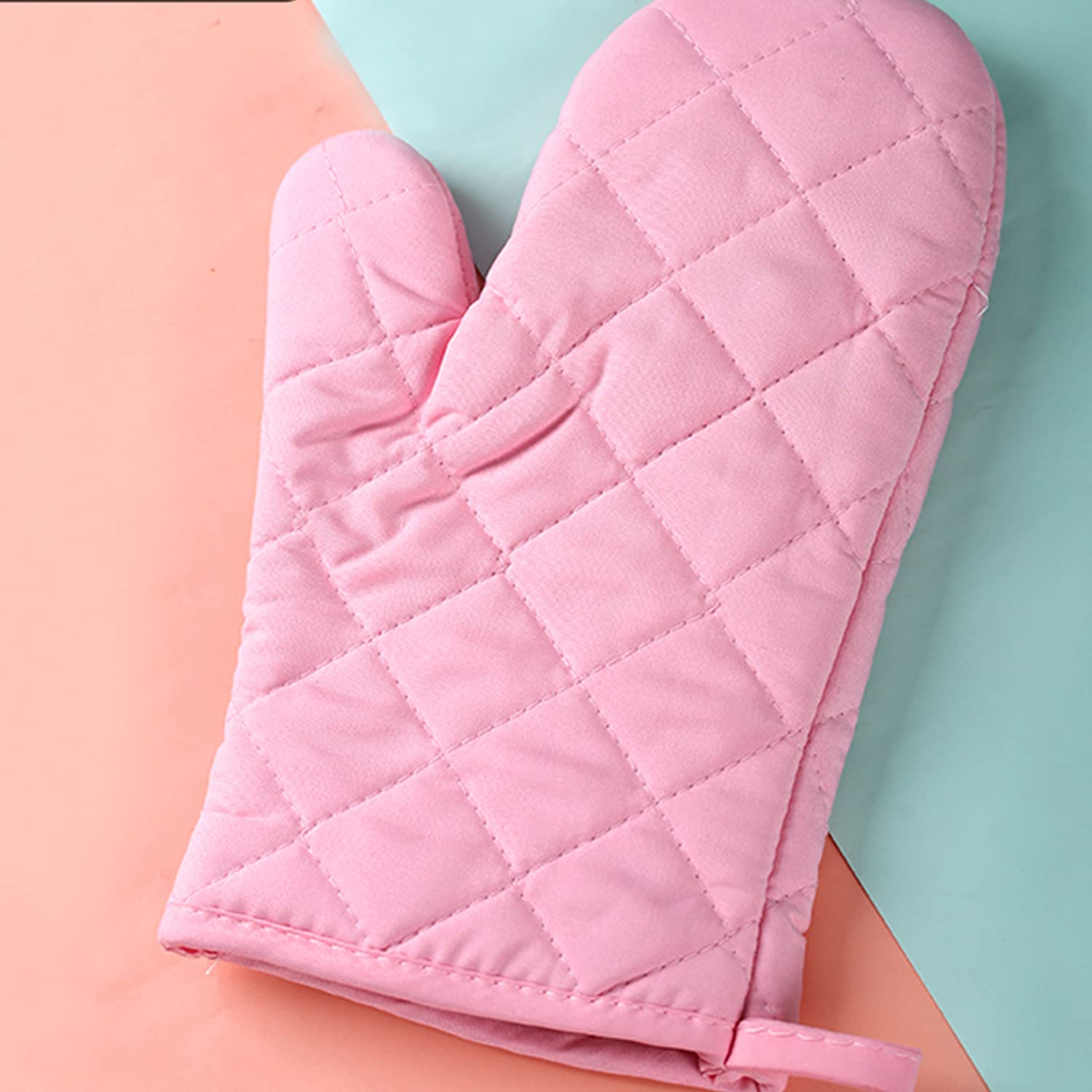 Kitchen Oven Mitts Heat Resistant Gloves Cotton Premium Non-Slip (Pink)