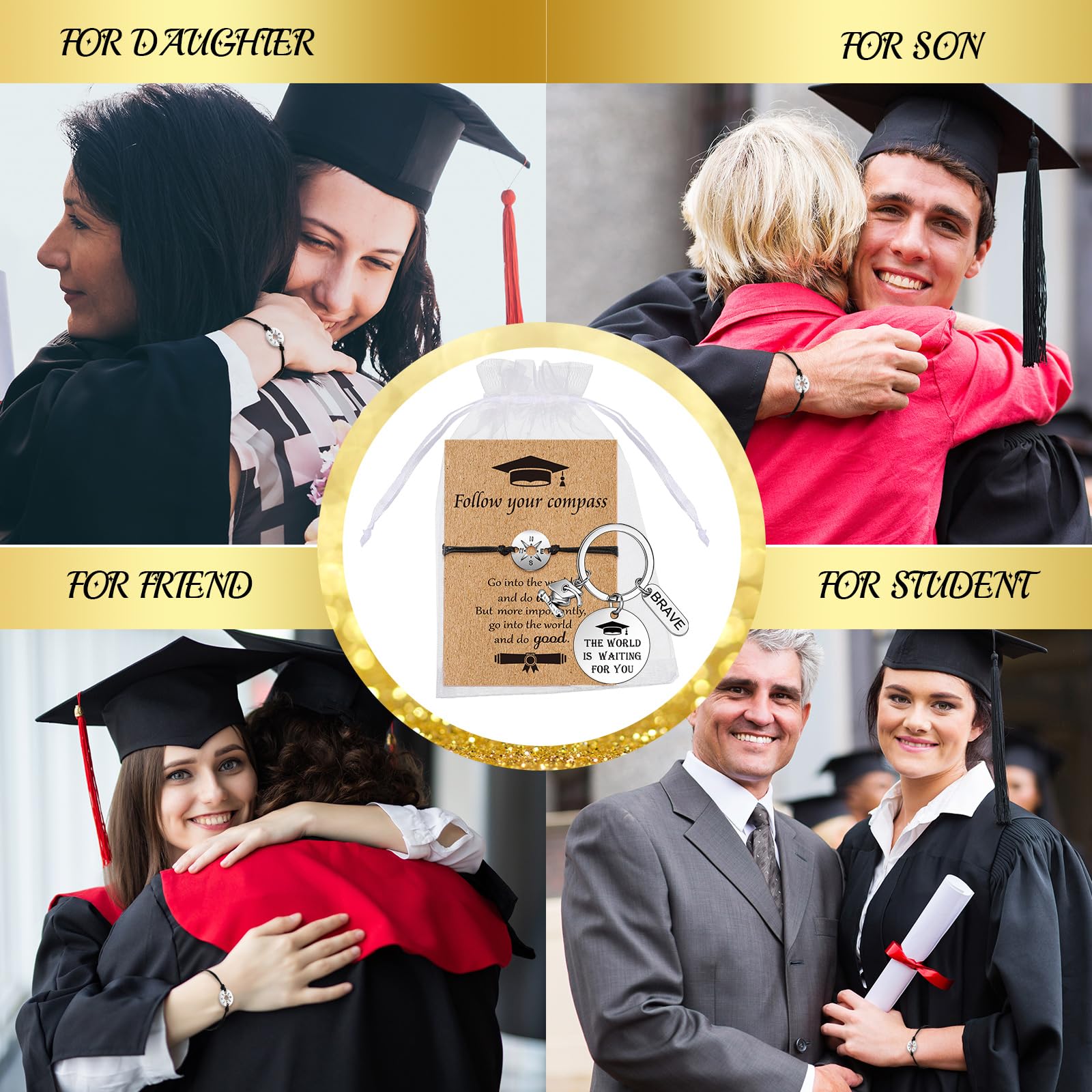 Junkin 20 Pack Graduation Bracelet Gift for Her Him Graduation Keychain Class of 2024 Student Compass Bracelet College School