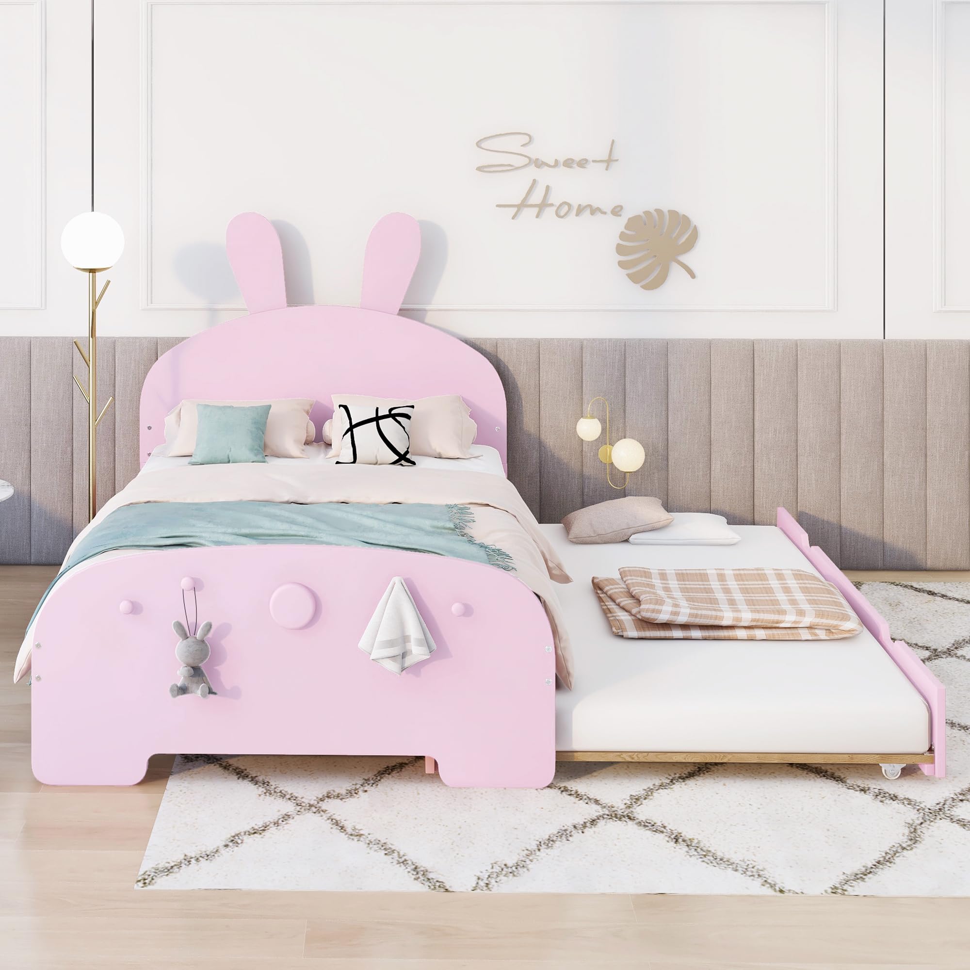 HABUHOME Wood Twin Size Platform Bed with Cartoon Ears Shaped Headboard and Trundle, Pink