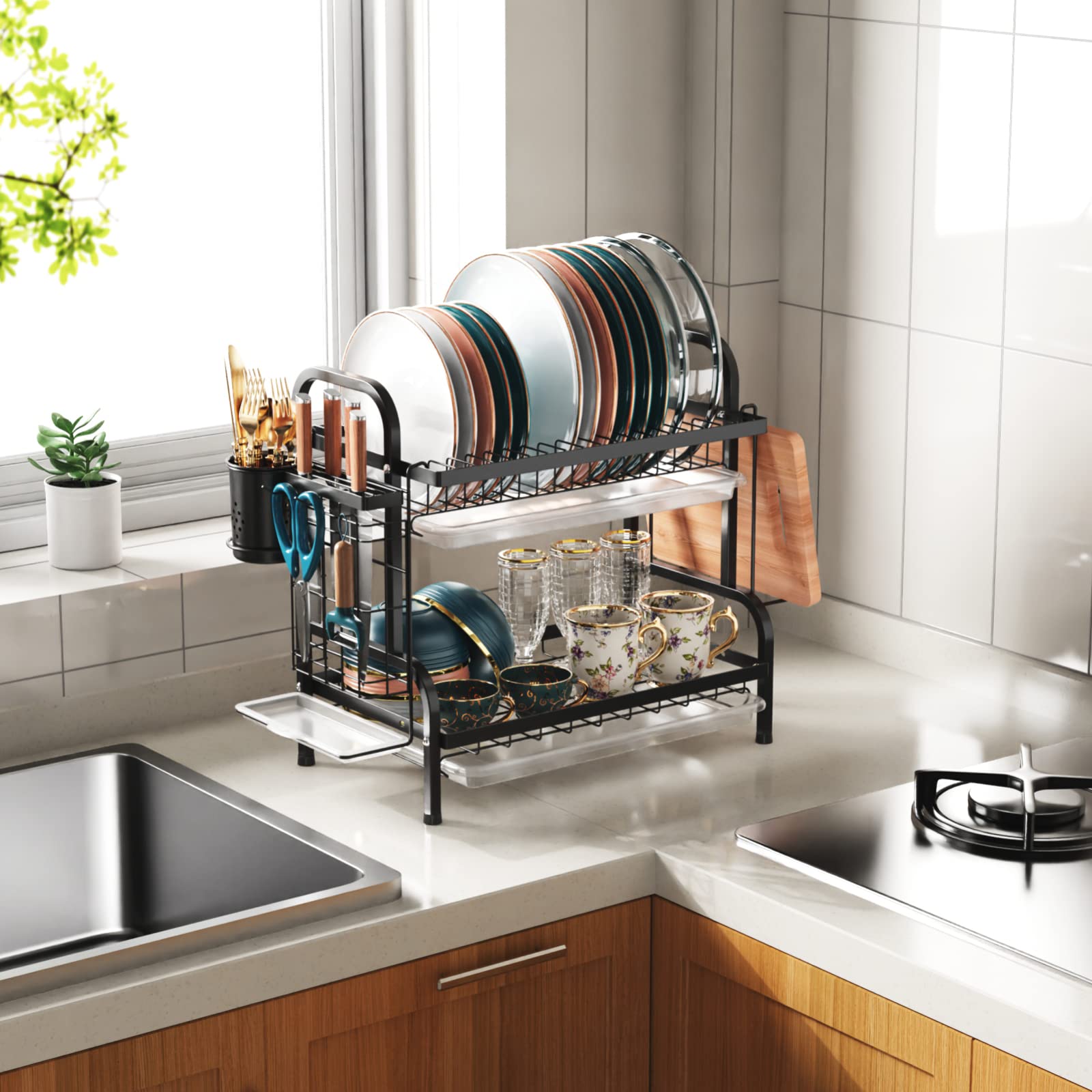 iSPECLE Dish Drying Rack - 2-Tier Dish Rack with Utensil Holder, Cutting Board Holder and Dish Drainer, Metal, for Kitchen Counter, Black