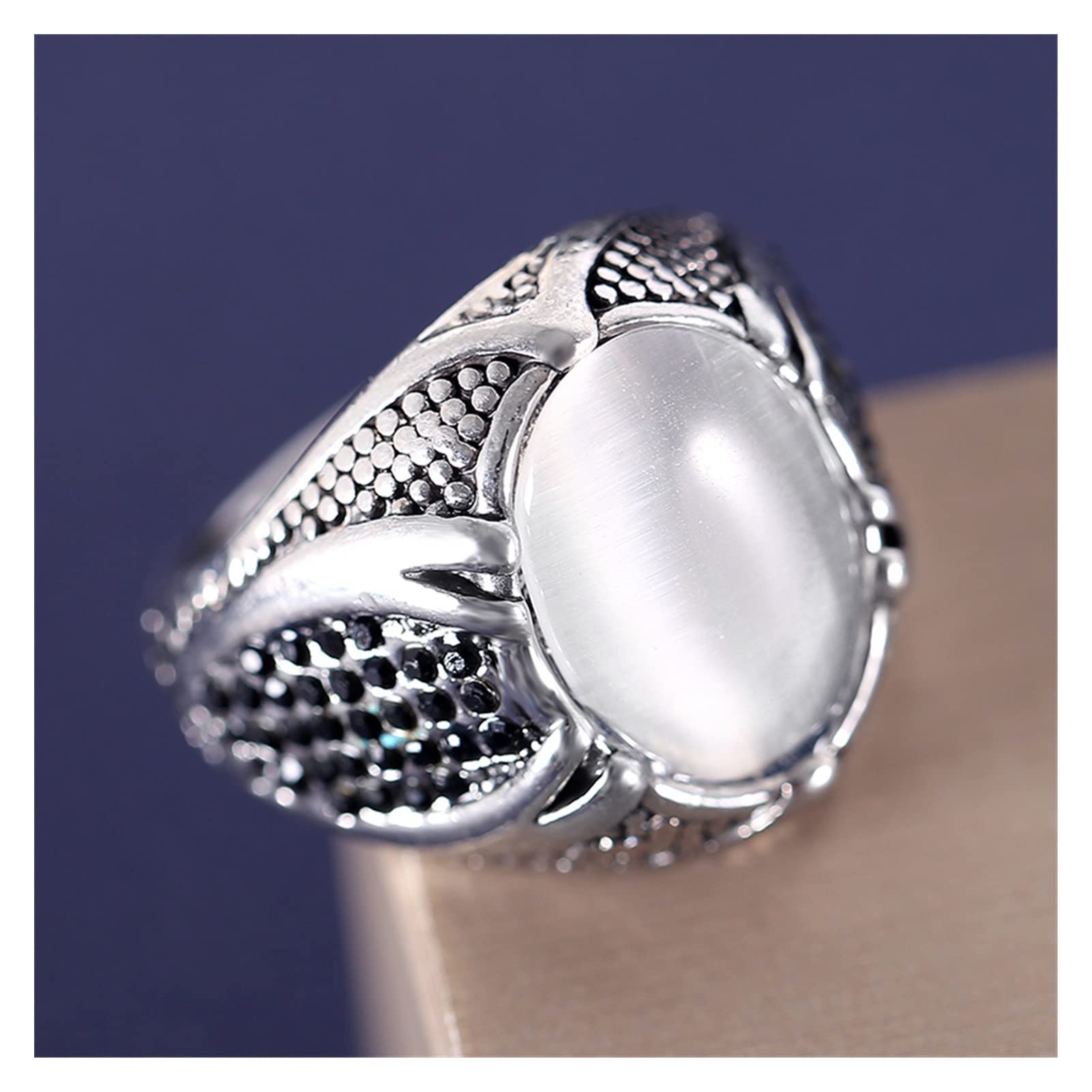 HOYEDNK Antique Ring Men's Ring White Agate Stone with Black Rings Jewelry Gift (Main Stone Color : Silver, Ring Size : 10)