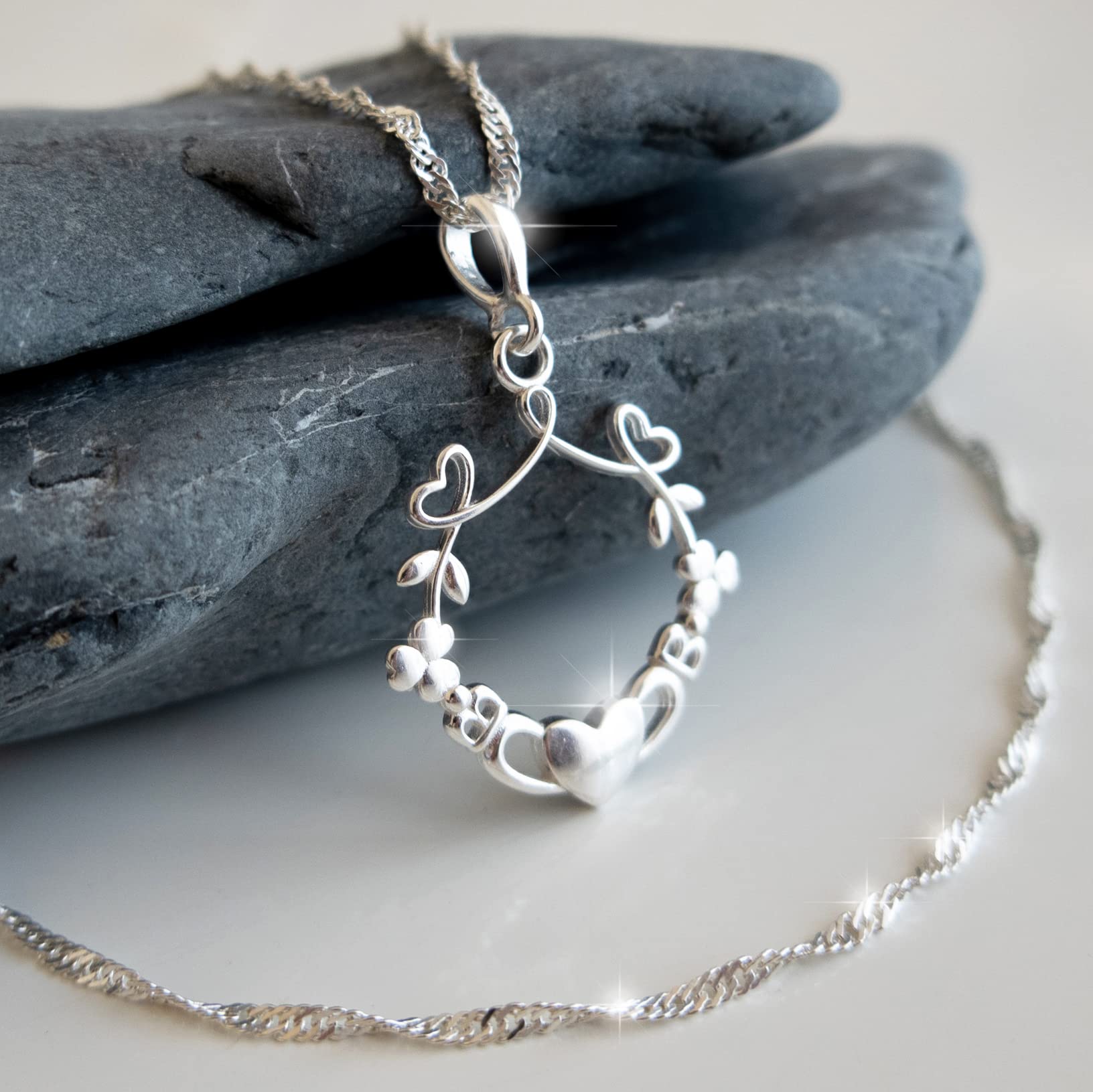 ICEBERRY Irish Claddagh Necklace 925 Sterling Silver - Dainty Leaf Clover Wreath Pendant with Chain 20" - Good Luck Blessing Shamrock Charm - Celtic Jewelry for Women