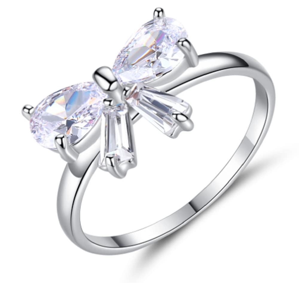 HUKQBUNX 925 Sterling Silver Bow with Diamond Zircon Ring Ring Wedding Engagement Birthday Party Ring Size 6-9 (Size 6)