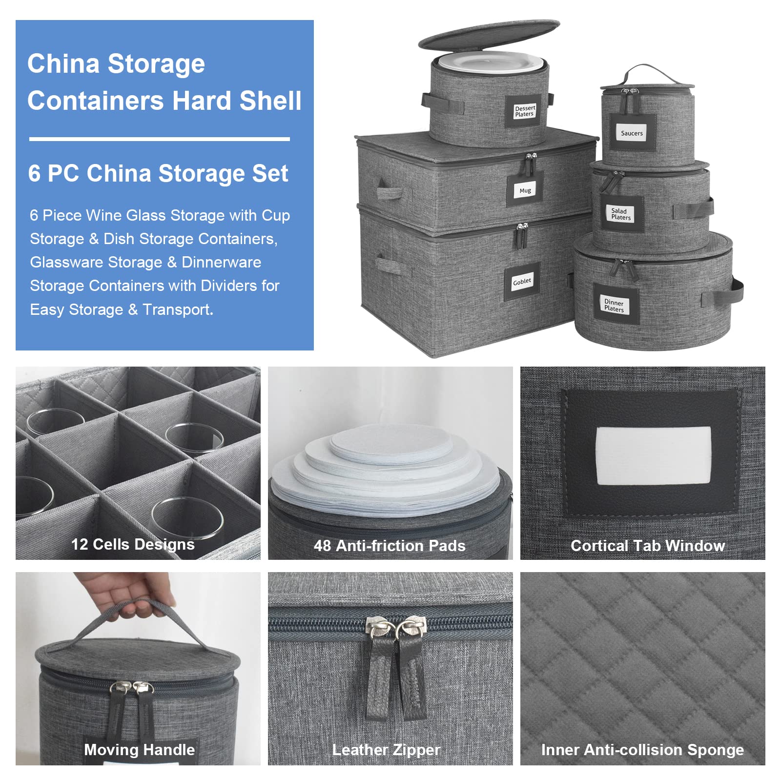 homyfort China Storage Containers Set of 6,Includes Wine Glass & Stemware Cases,Cup Coffee Mug Box,Dish Plate Containers,Hard Shell with Dividers Handles for Dinnerware Moving, 300D Grey with Handles