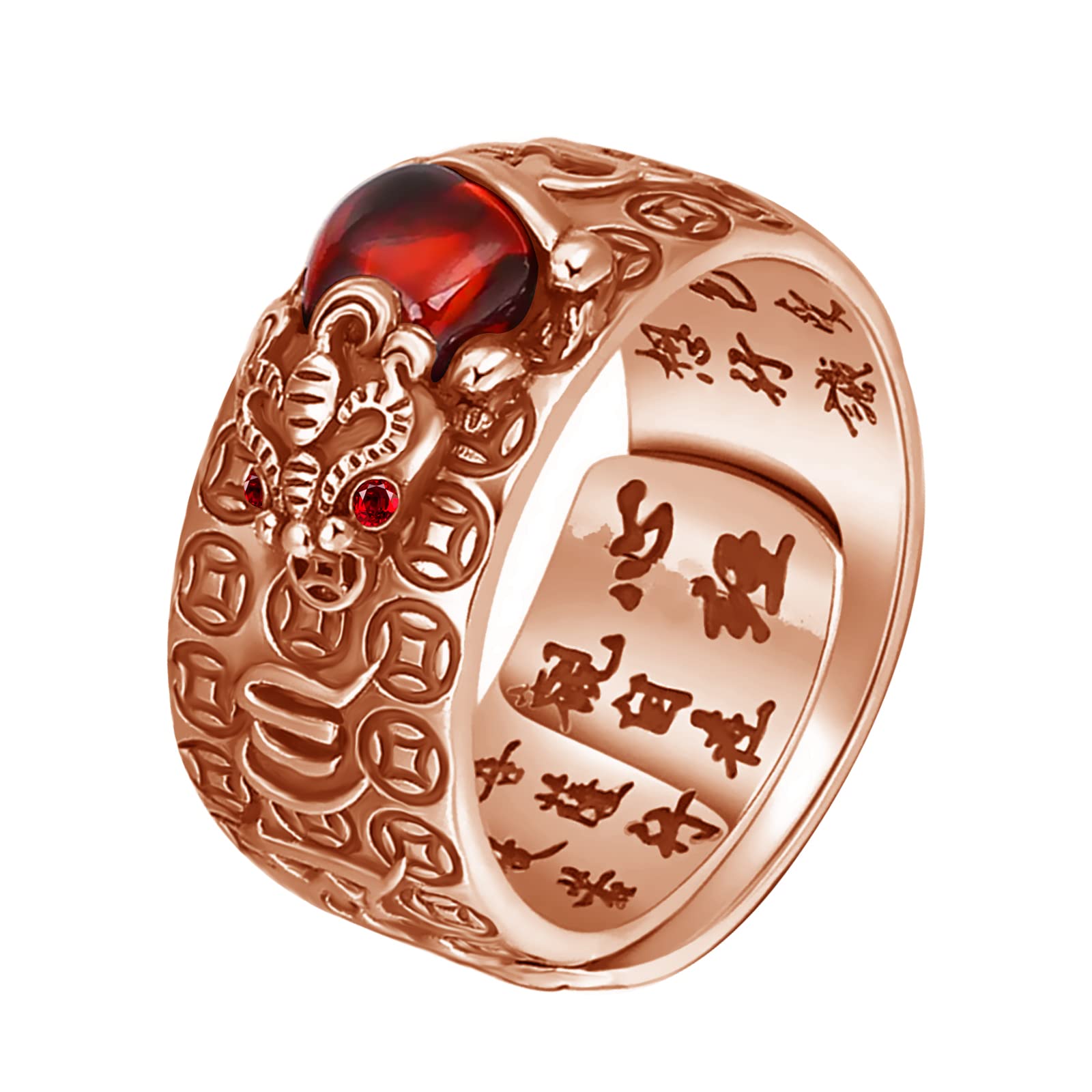 HJ HUAJ Mantra Ring Feng Shui PiXiu MANI Mantra Protection Wealth Ring Adjustable Ring, RoseGold